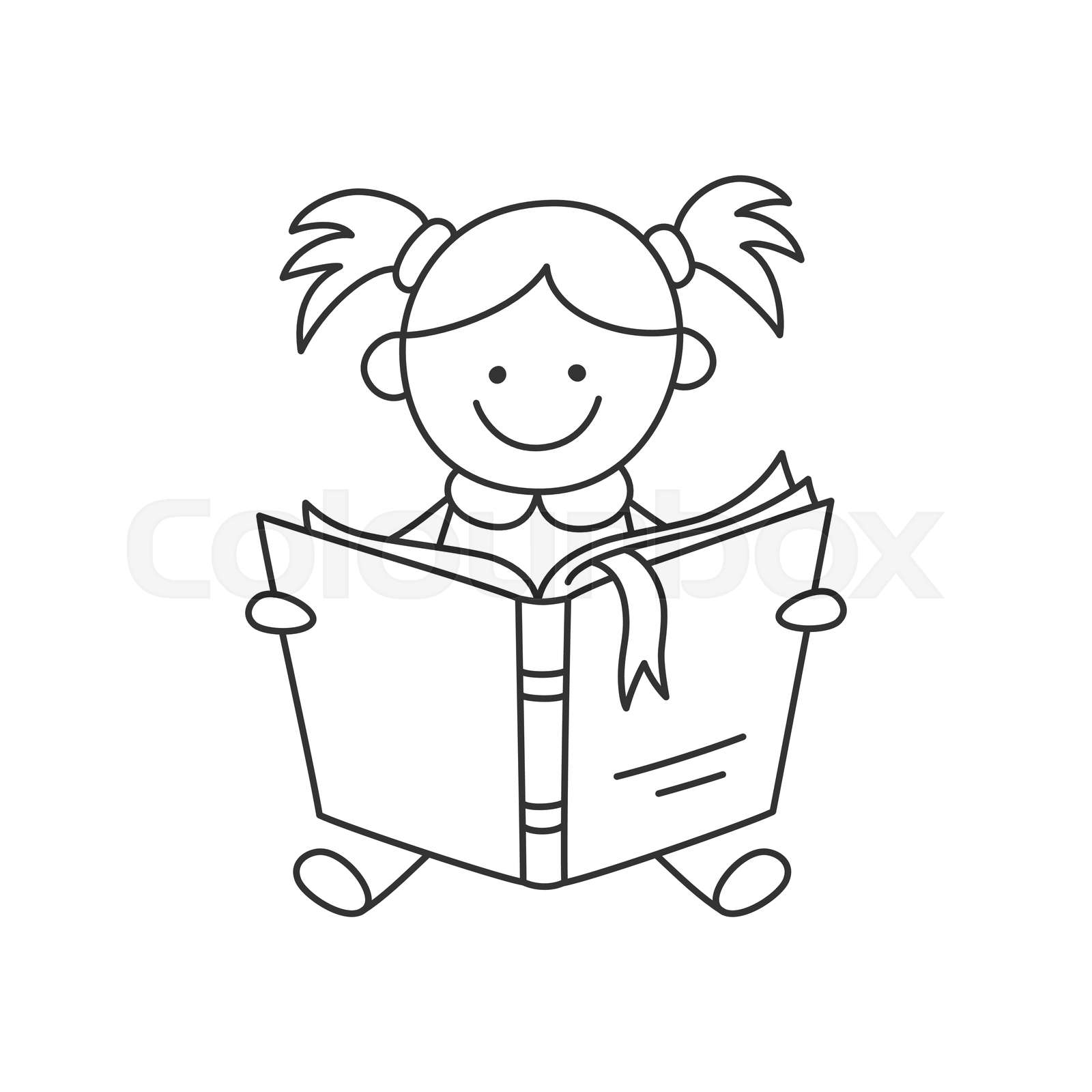 Hand drawn small kid holding open book and reading. Child education ...