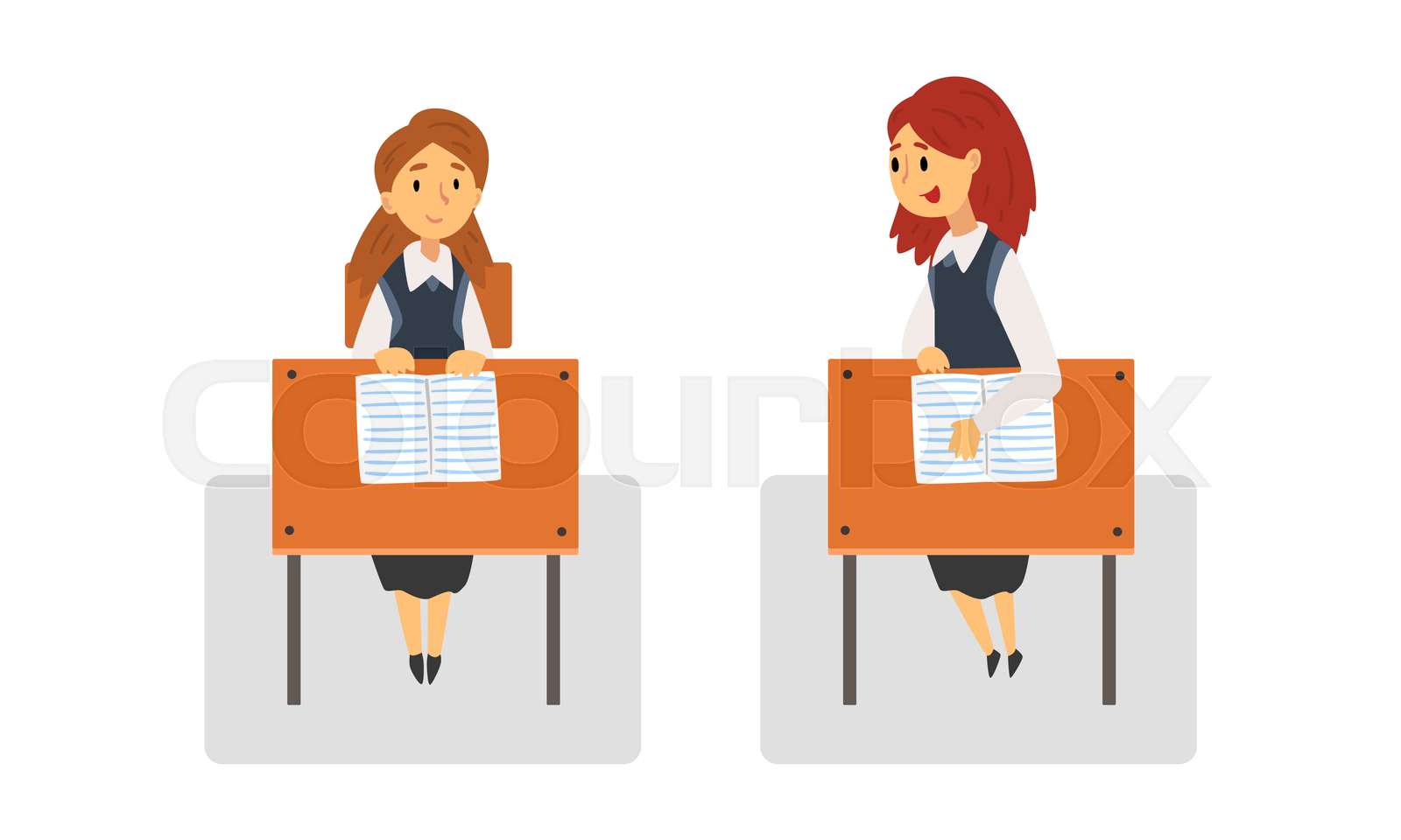 Girl Pupil or Student Sitting at Desk Having School Lesson Front View ...