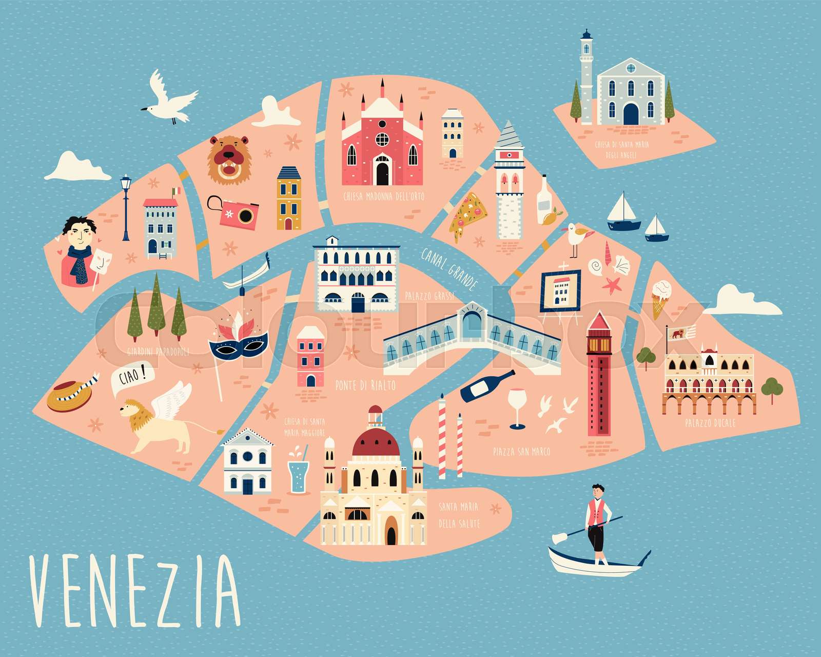Illustrated map of Venice with famous symbols, landmarks and building ...