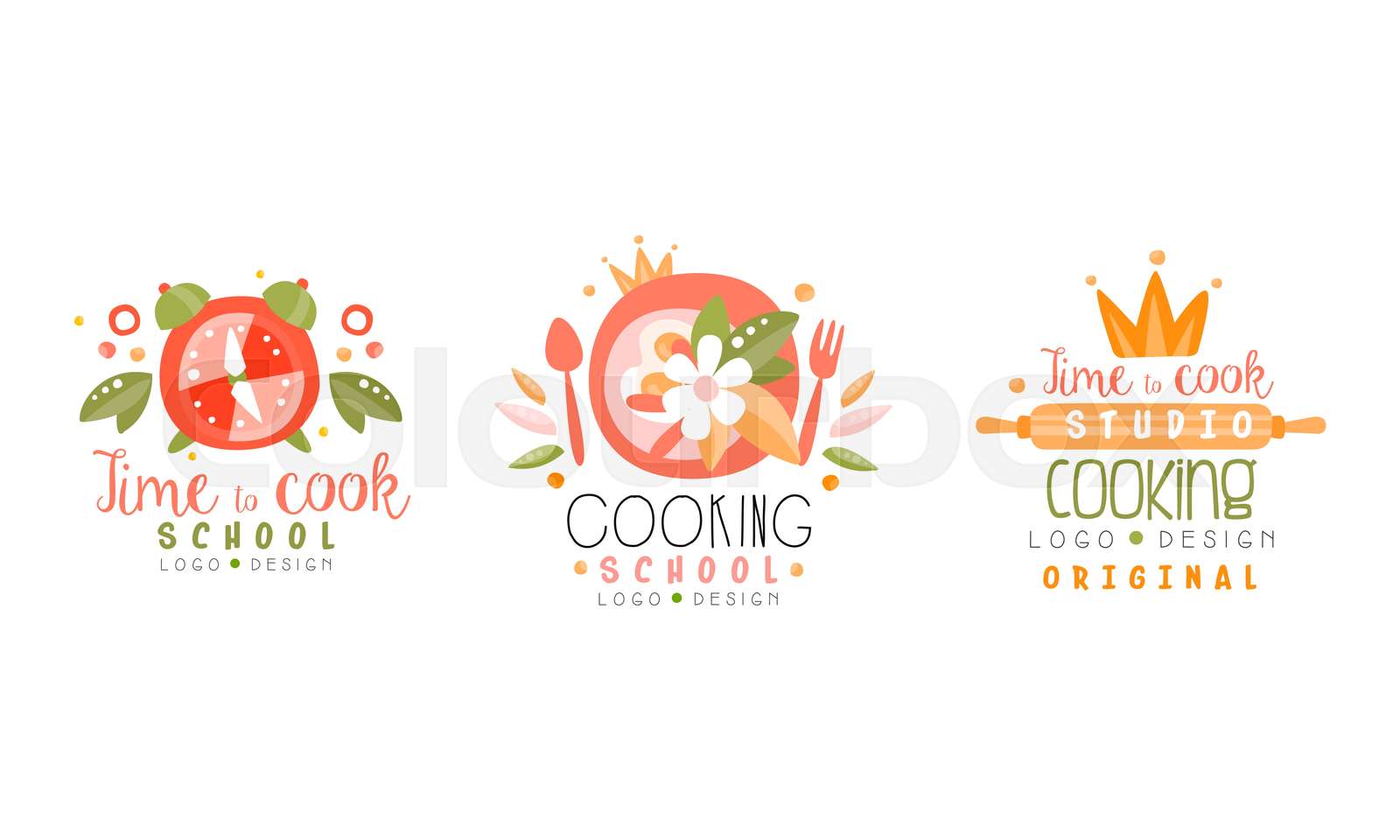 Cooking School Logo Design Set, Time to Cook Studio Hand Drawn Labels ...