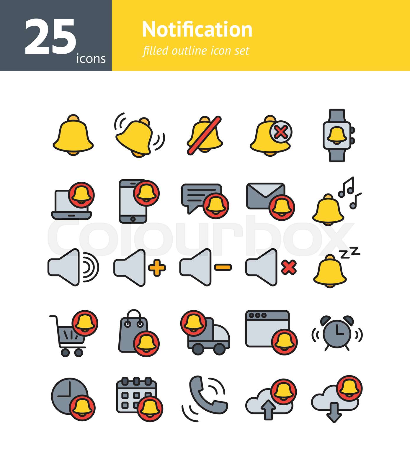 Notification filled outline icon set. Vector and Illustration. | Stock ...