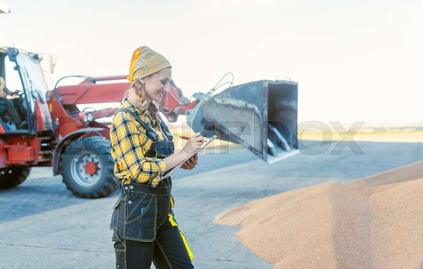 Grain being stored in granary or storage house with farmer keeping ...