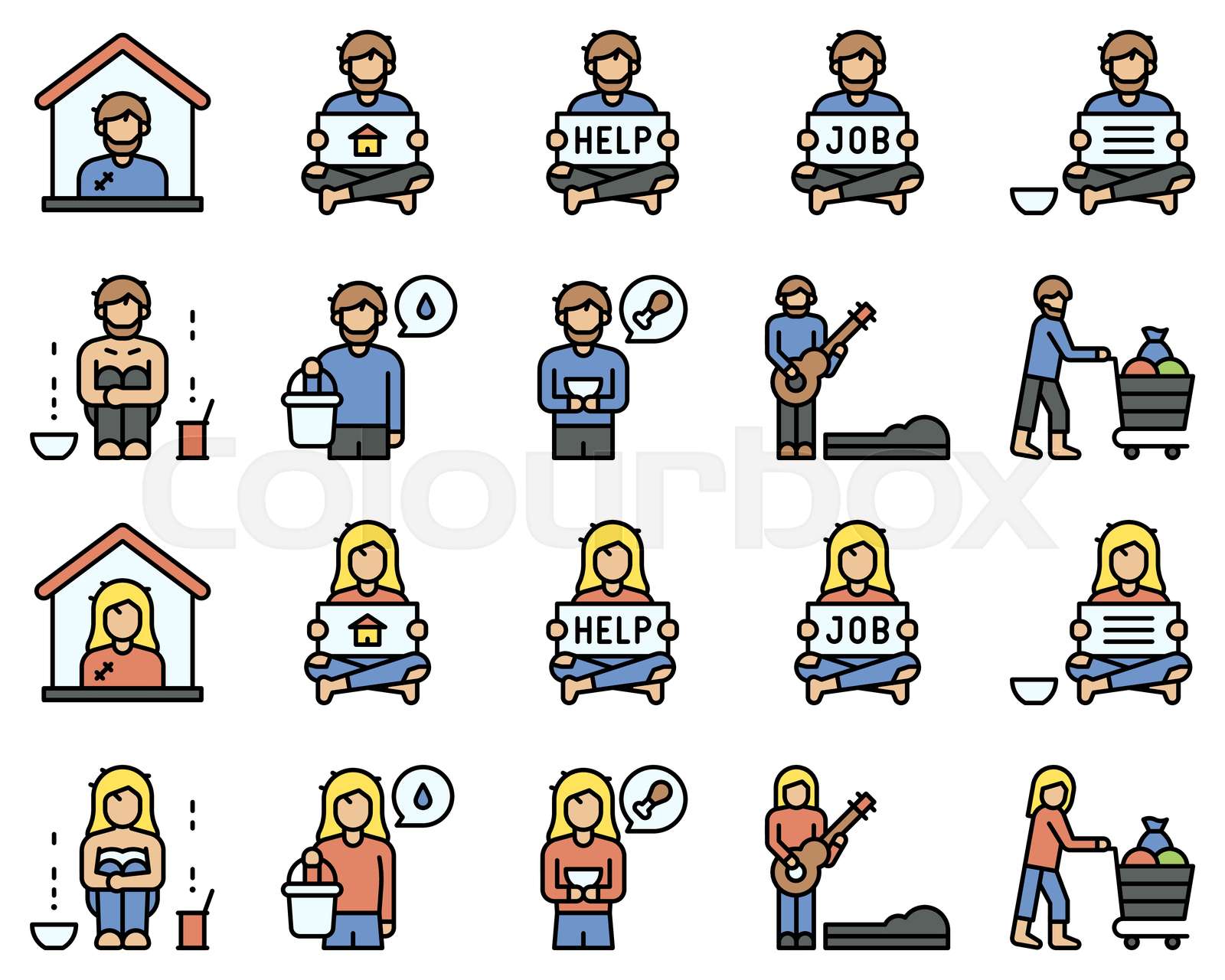 Homeless vector icon set 1, filled style | Stock vector | Colourbox