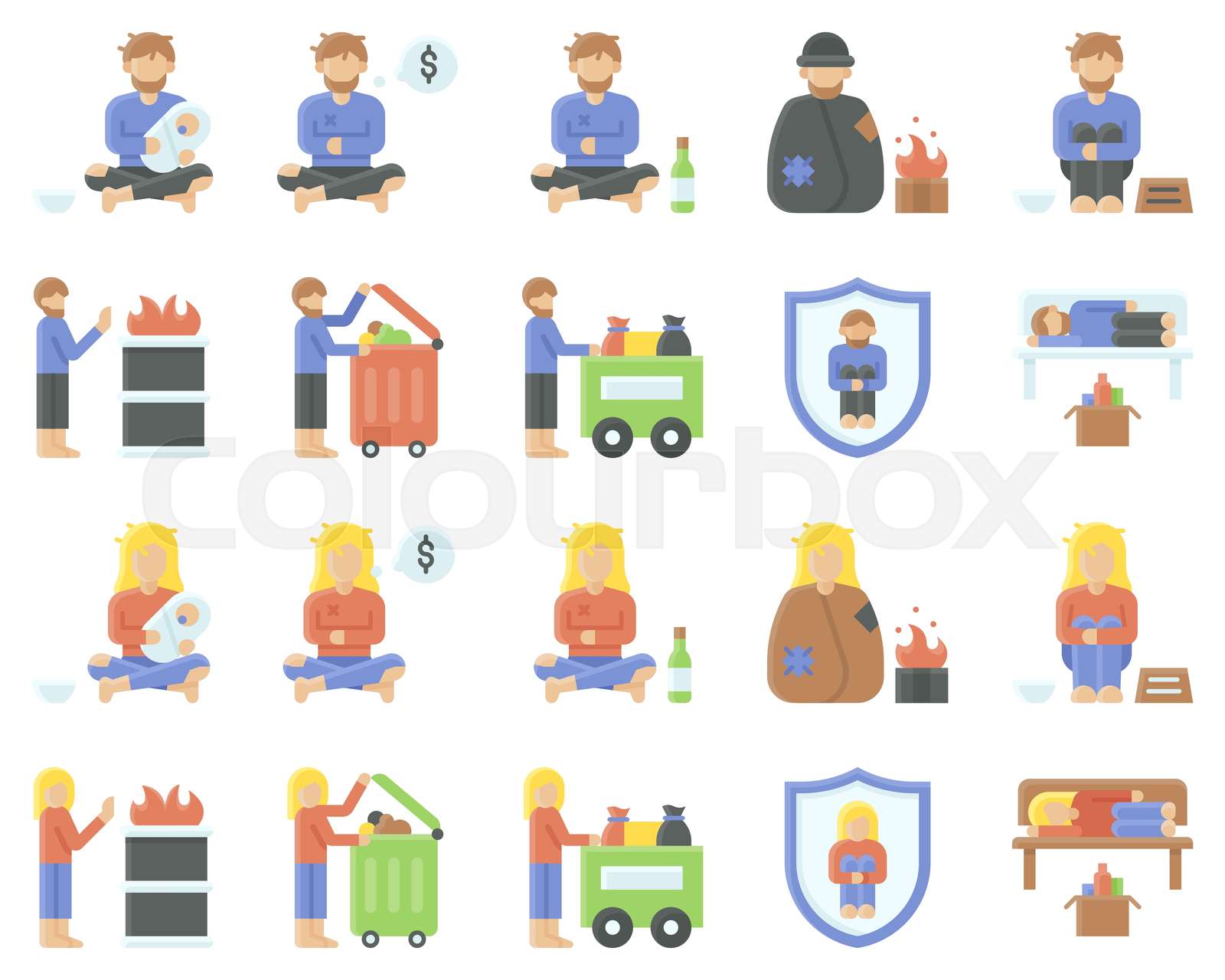 Homeless vector icon set 2, flat style | Stock vector | Colourbox
