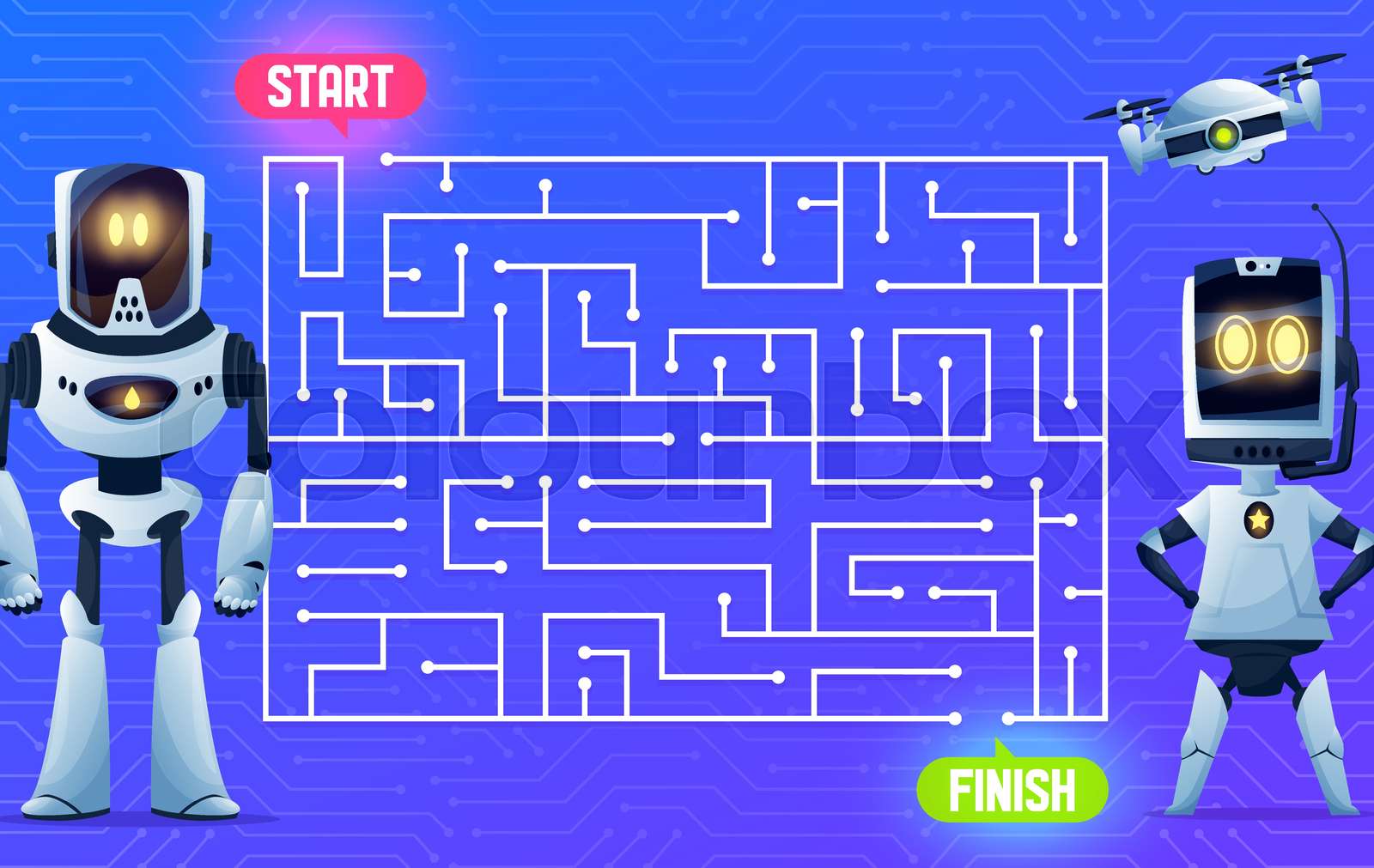 Labyrinth maze board game, robots on motherboard | Stock vector | Colourbox