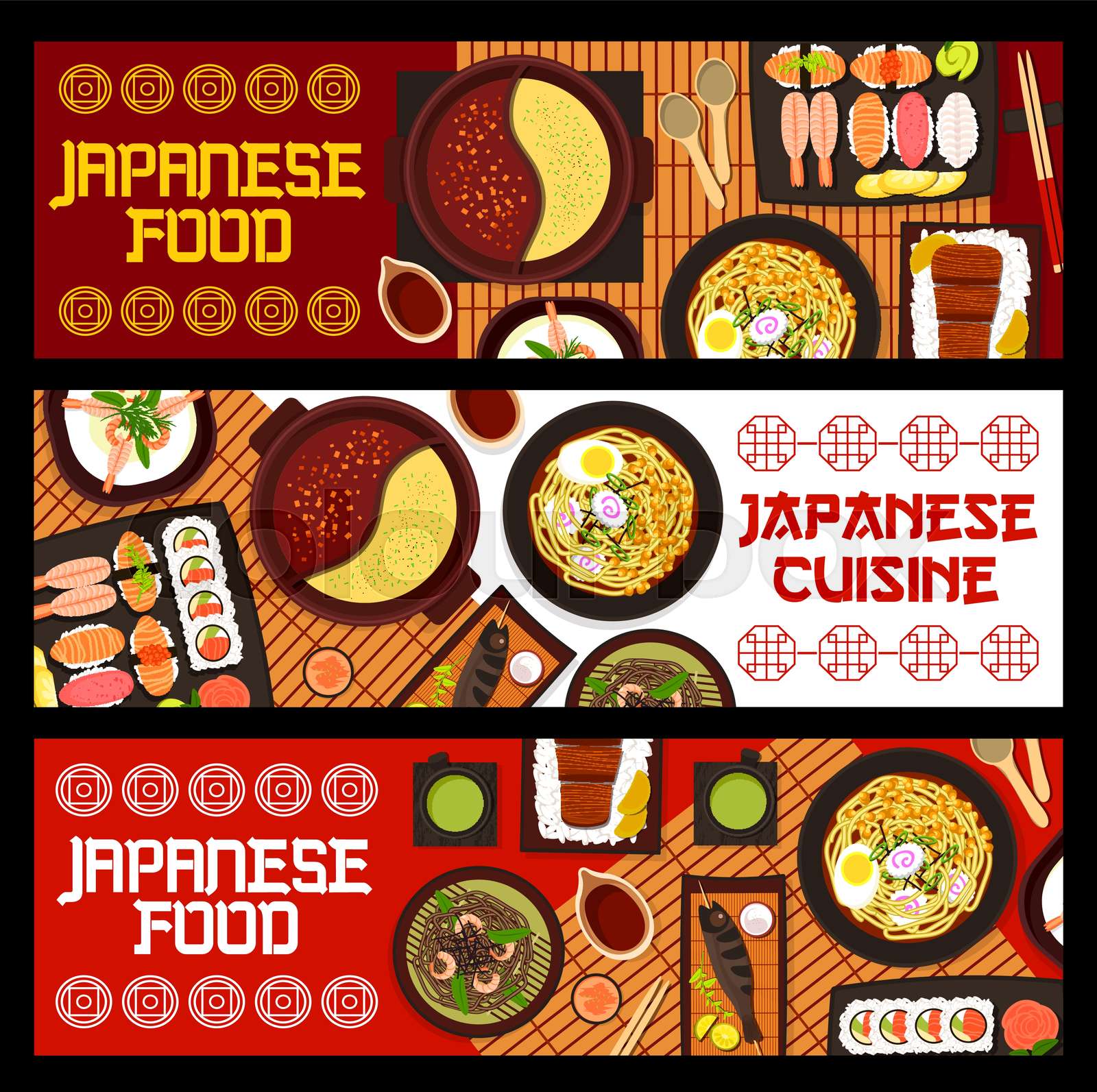 Japanese food Japan cuisine cartoon vector banners | Stock vector ...