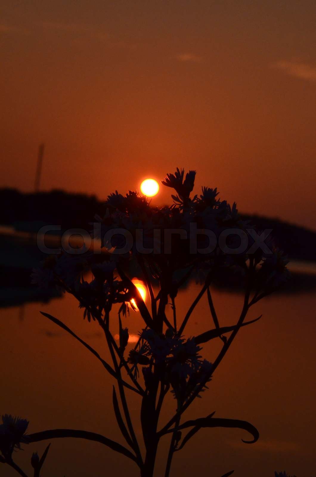 Solnedgang over havet med med sol og land i horisont i orange og sorte ...