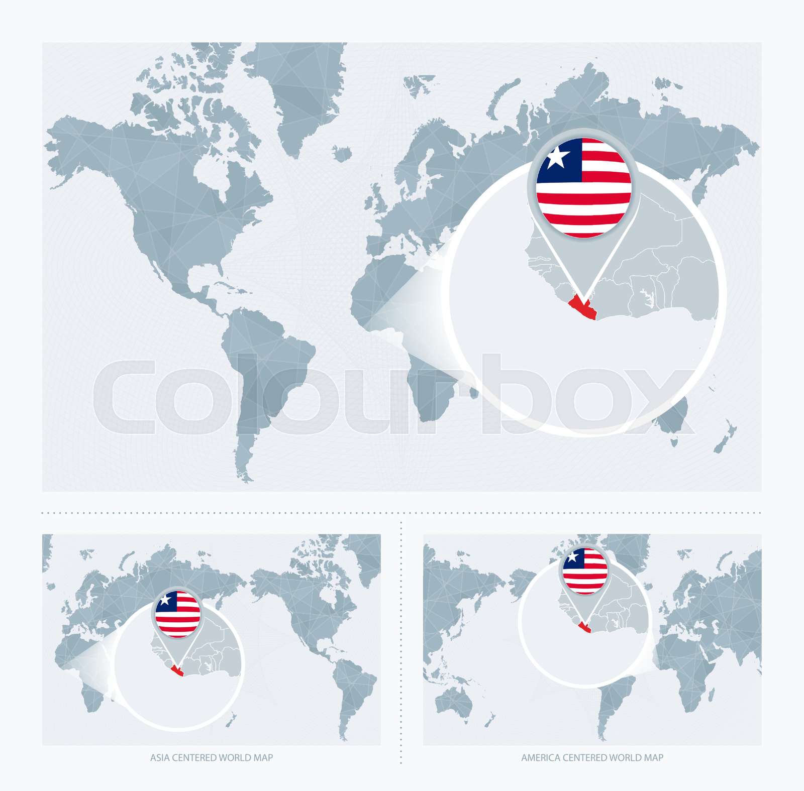 Magnified Liberia over Map of the World, 3 versions of the World Map ...