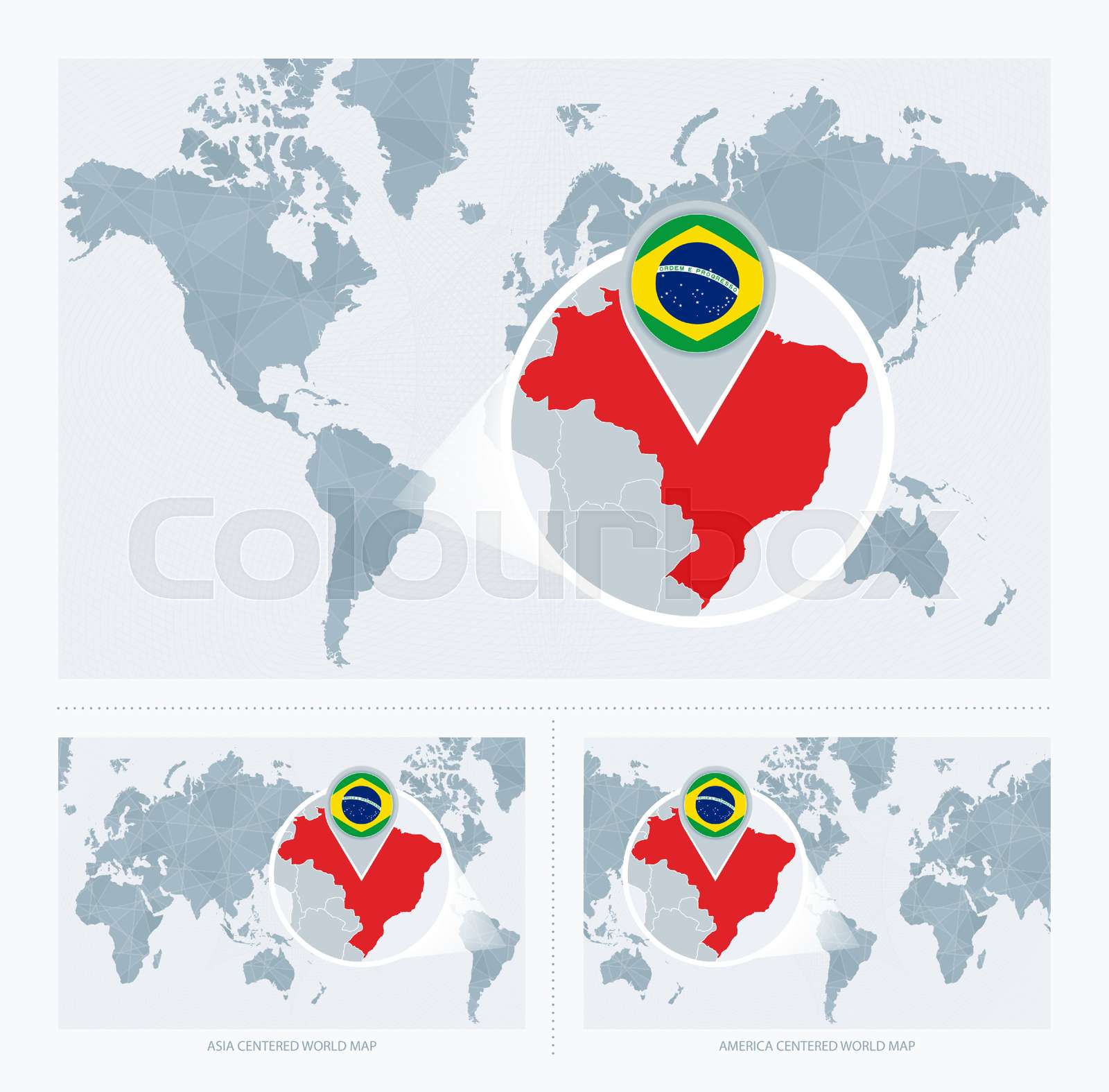 Magnified Brazil over Map of the World, 3 versions of the World Map ...