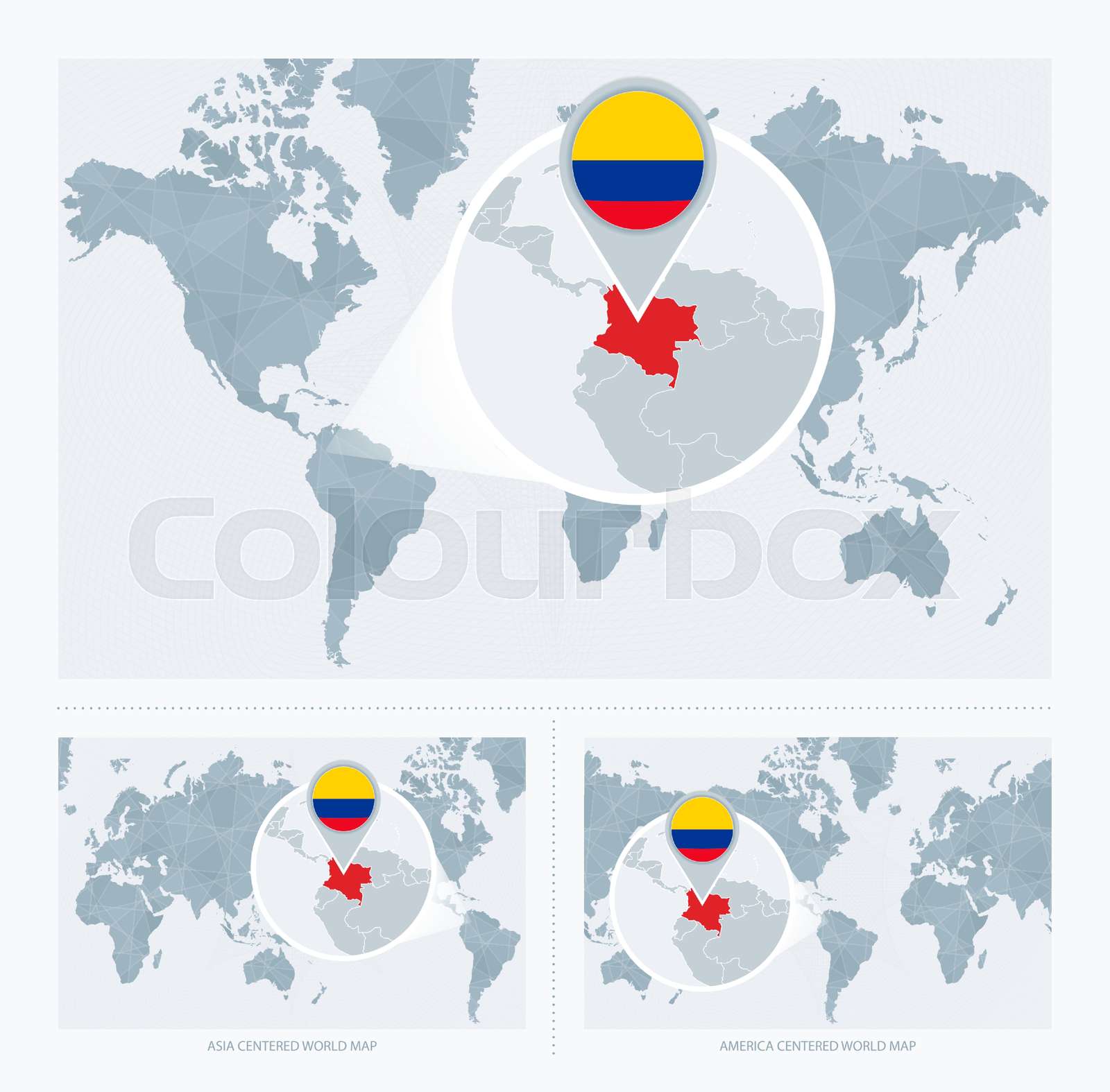Magnified Colombia over Map of the World, 3 versions of the World Map ...