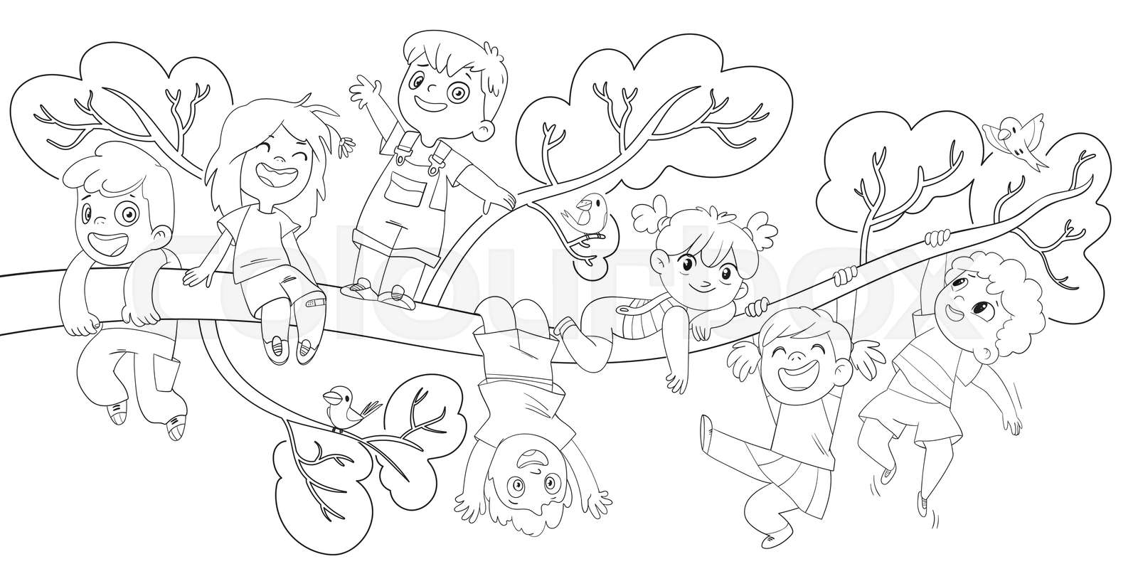 Childrens Day. Children hung on a tree branch. Coloring book | Stock ...