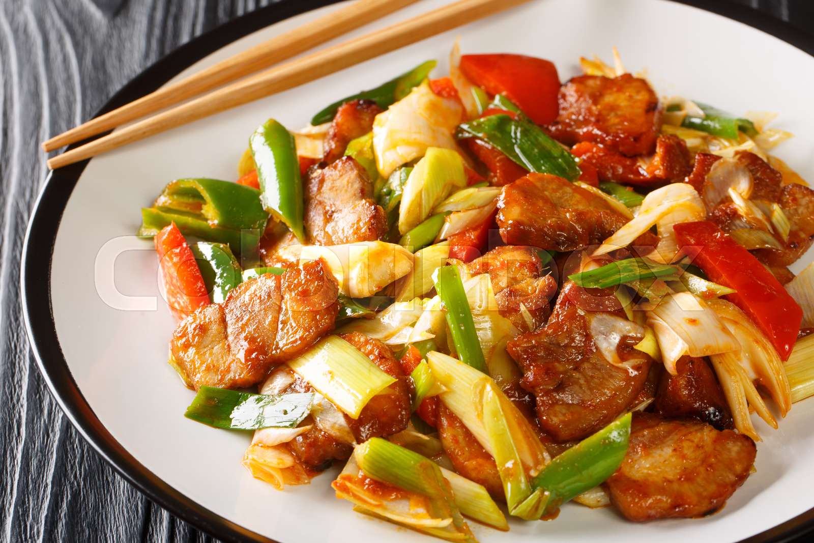 Twice Cooked Pork hui guo rou Szechuan Pork Stir Fry closeup in the ...