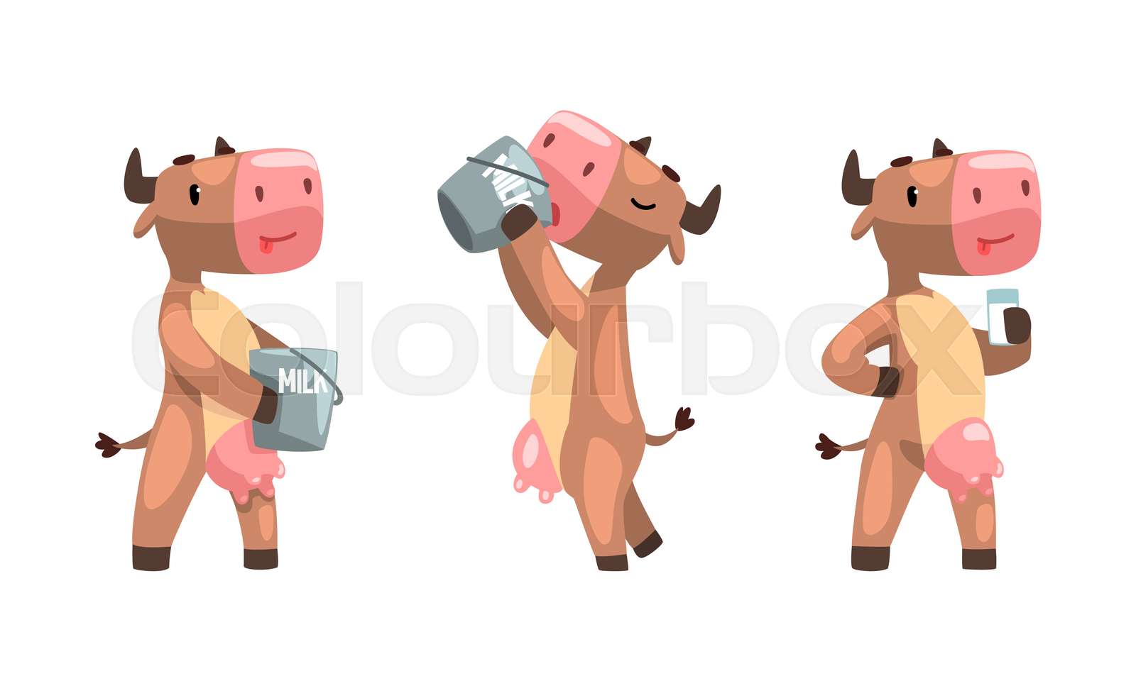 Cute Milk Cow with Udder Drinking Milk from Bucket Vector Set | Stock ...