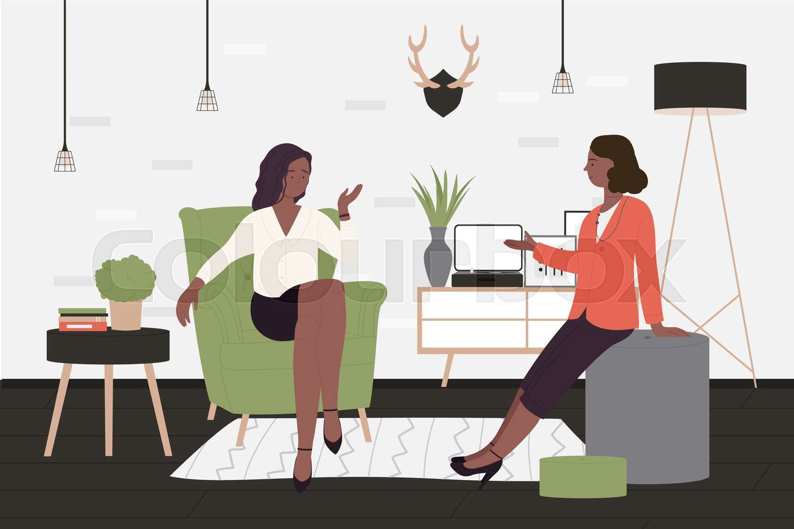 People talk in friendly conversation in cozy home living room interior ...