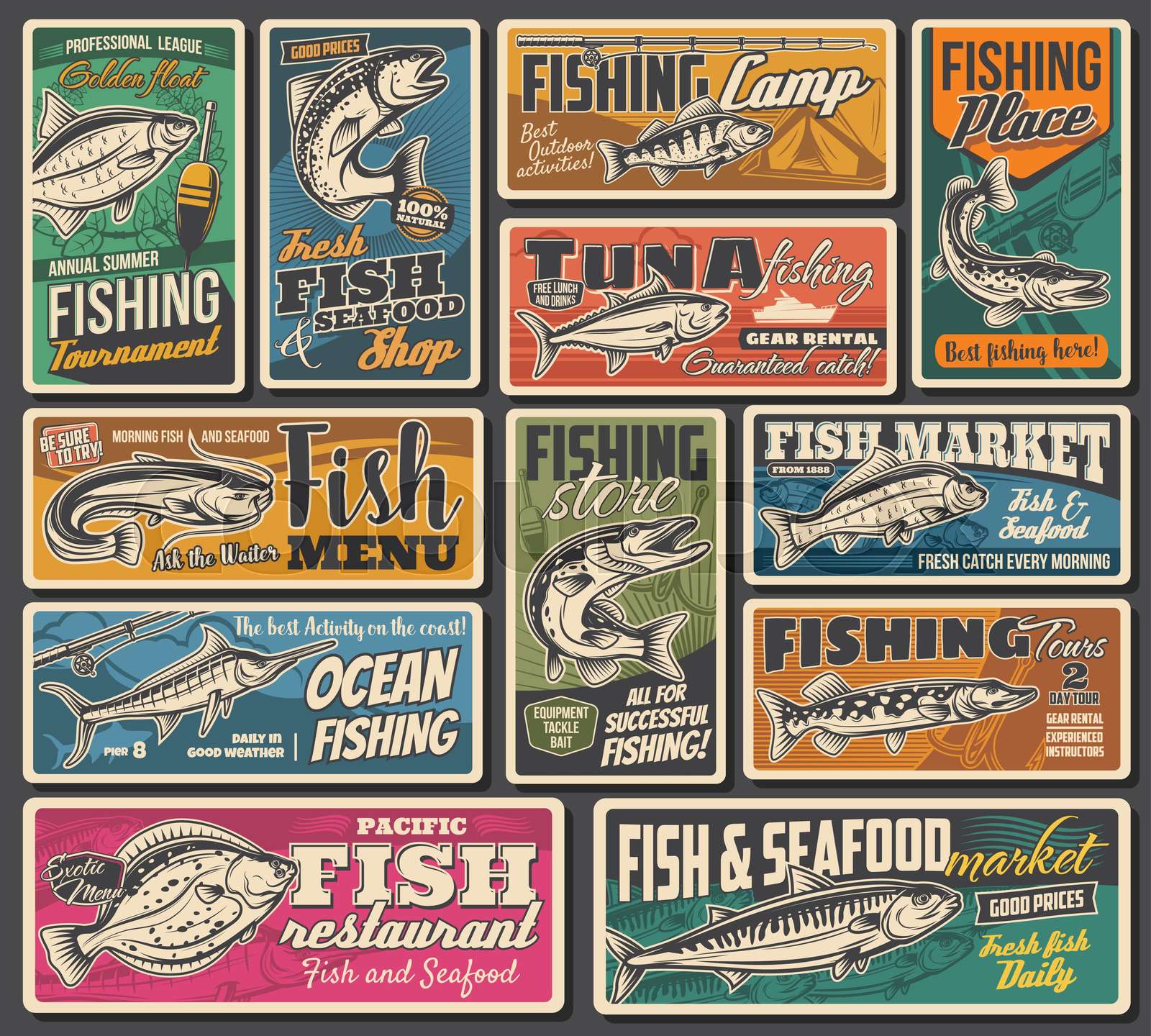 Fishing, seafood and fish market posters retro | Stock vector | Colourbox