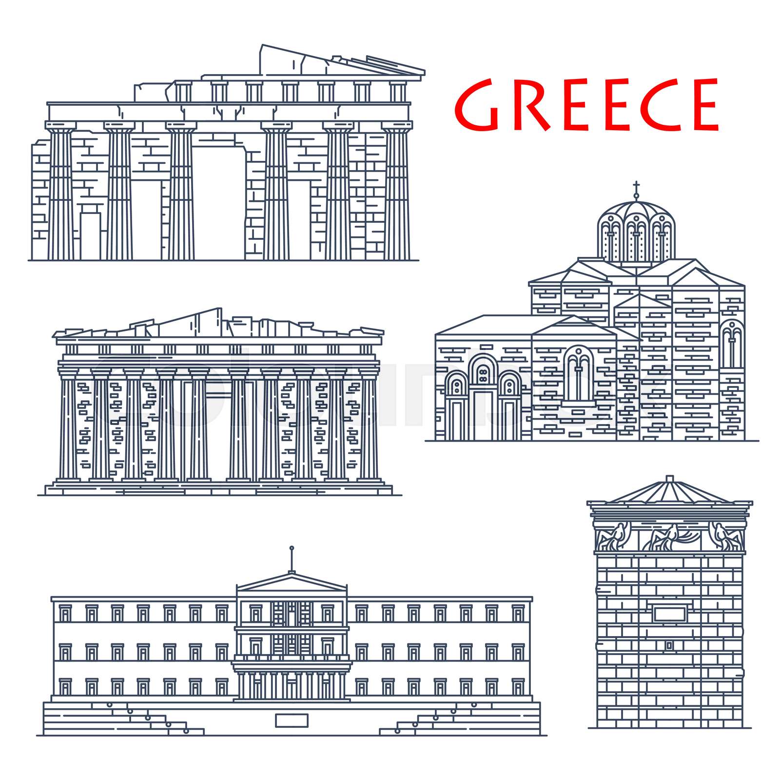 Greece architecture, Athens buildings landmarks | Stock vector | Colourbox
