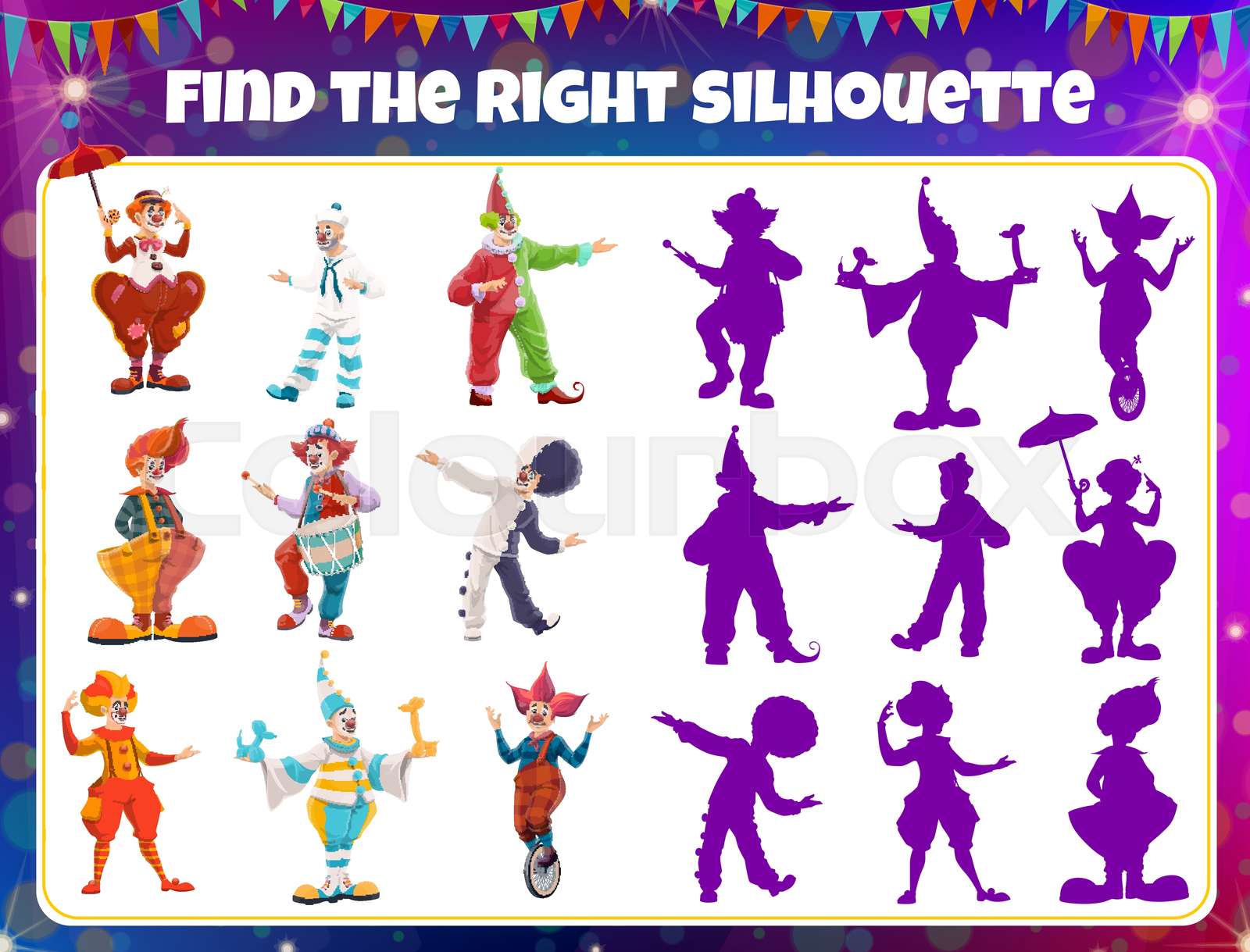 Shadow match game, circus clowns puzzle boardgame | Stock vector ...