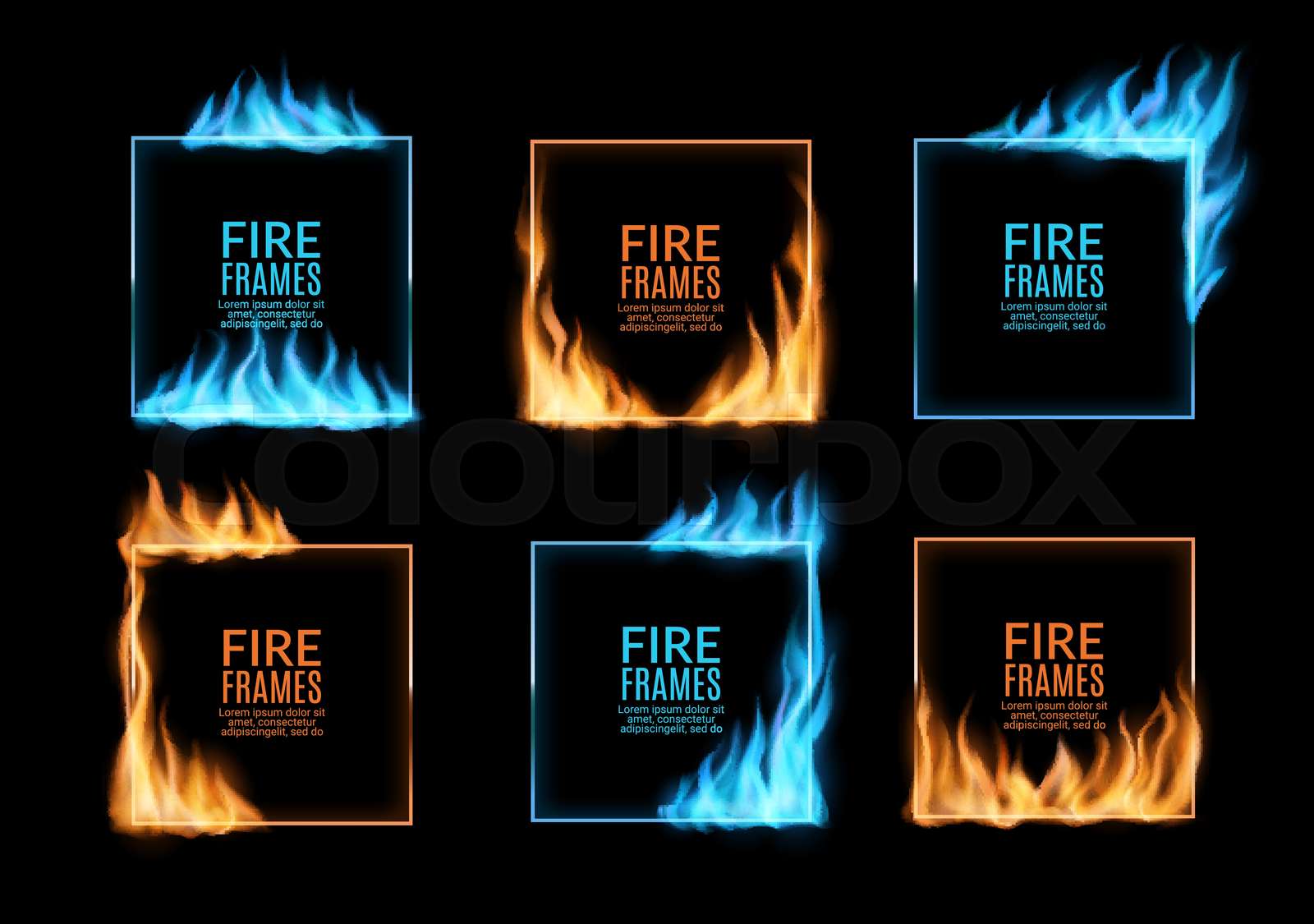 Square frames, fire and gas burning flames borders | Stock vector ...