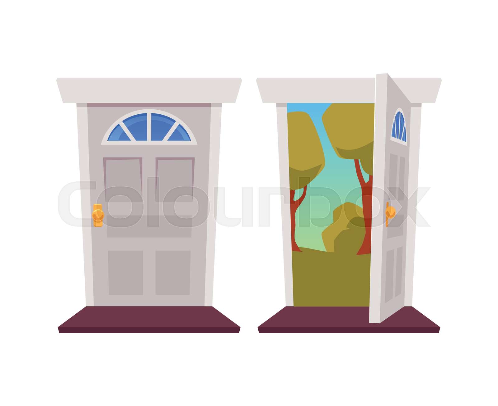 Opened and closed white cartoon doors in flat vector illustration ...
