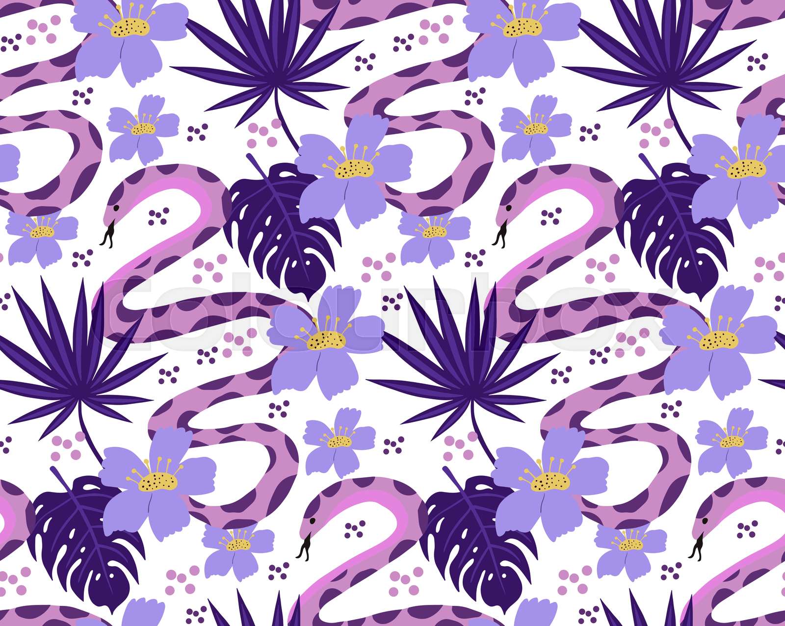 Beautiful seamless pattern with python and tropical leaves. flowers ...