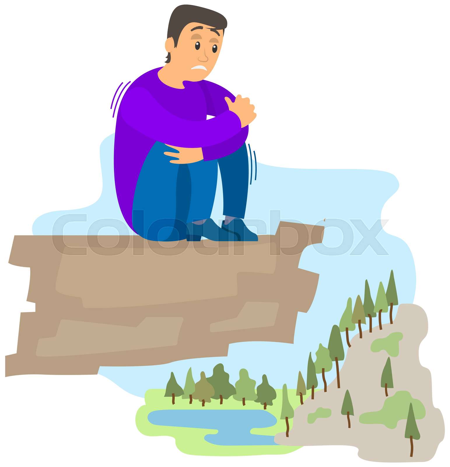 Guy at altitude suffers from acrophobia trembling with fear. Phobia of ...