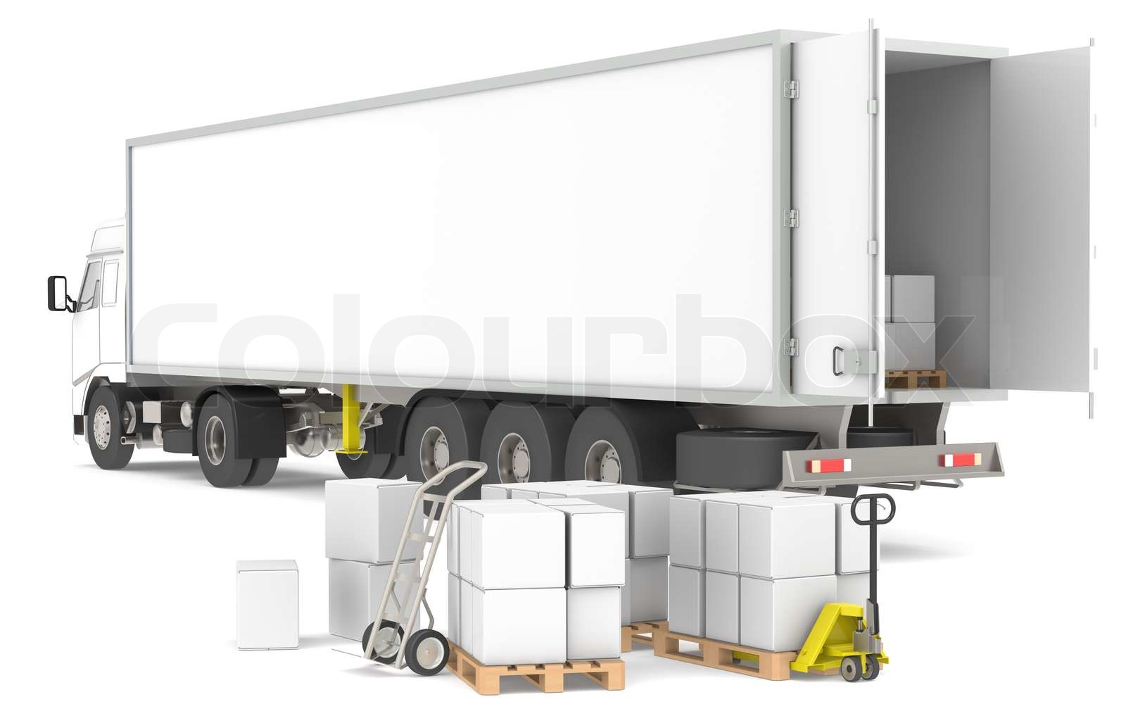 Distribution Open trailer with pallets, boxes and trucks Part of a Blue ...