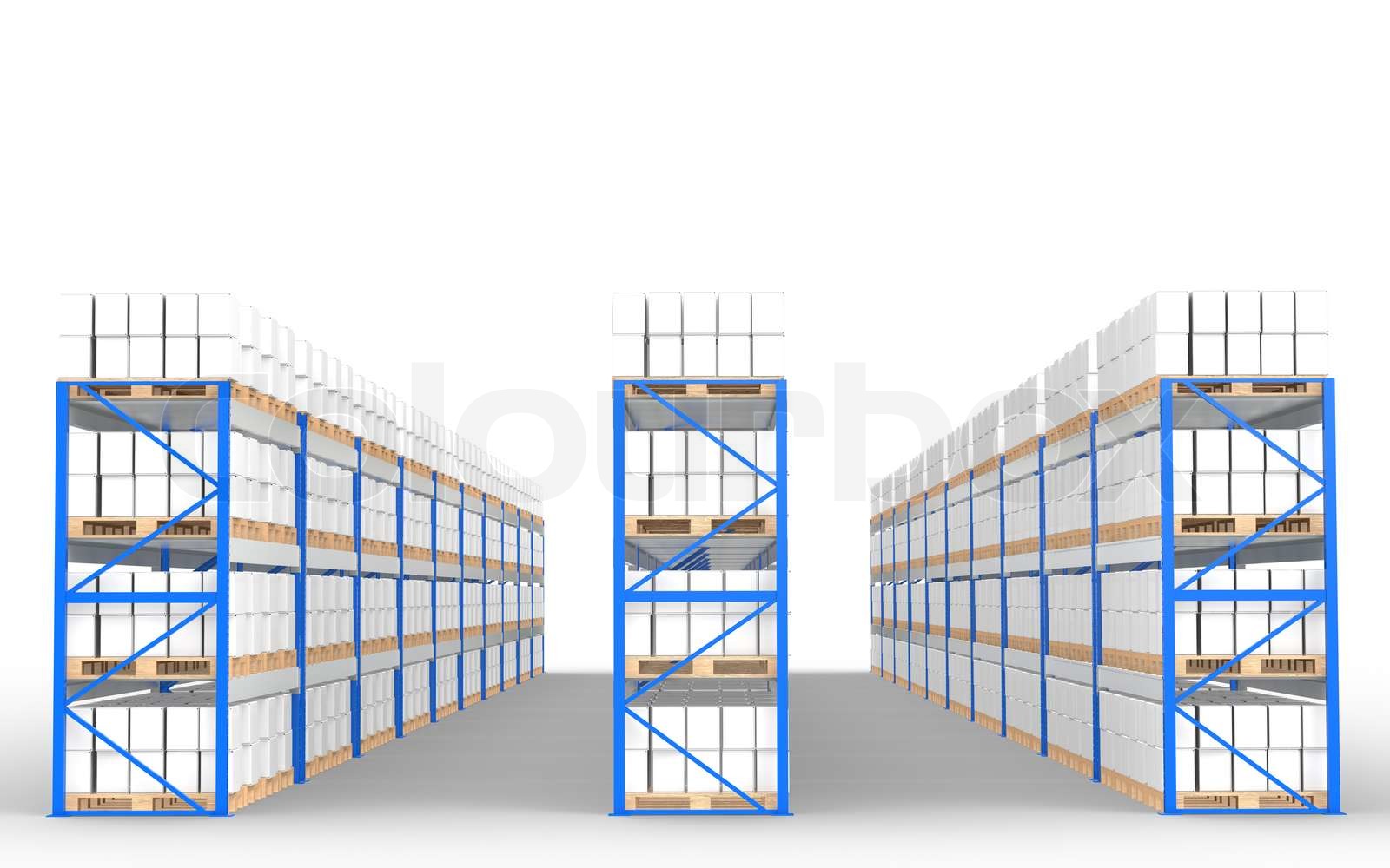 Warehouse Shelves, Front view with shadows Part of a Blue Warehouse and ...
