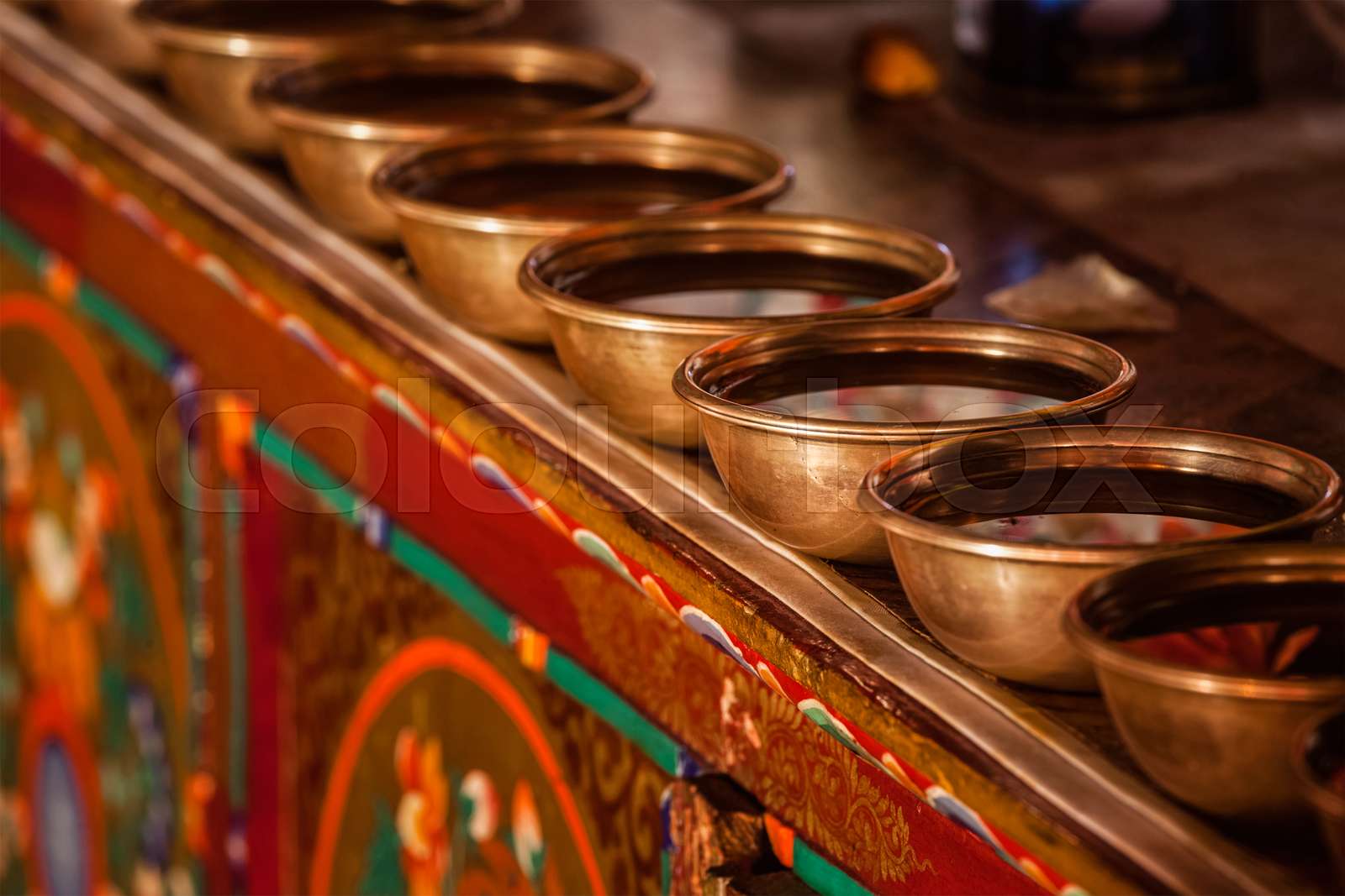 Tibetan Water Offering Bowls in Likir gompa Tibetan Buddhist monastery ...