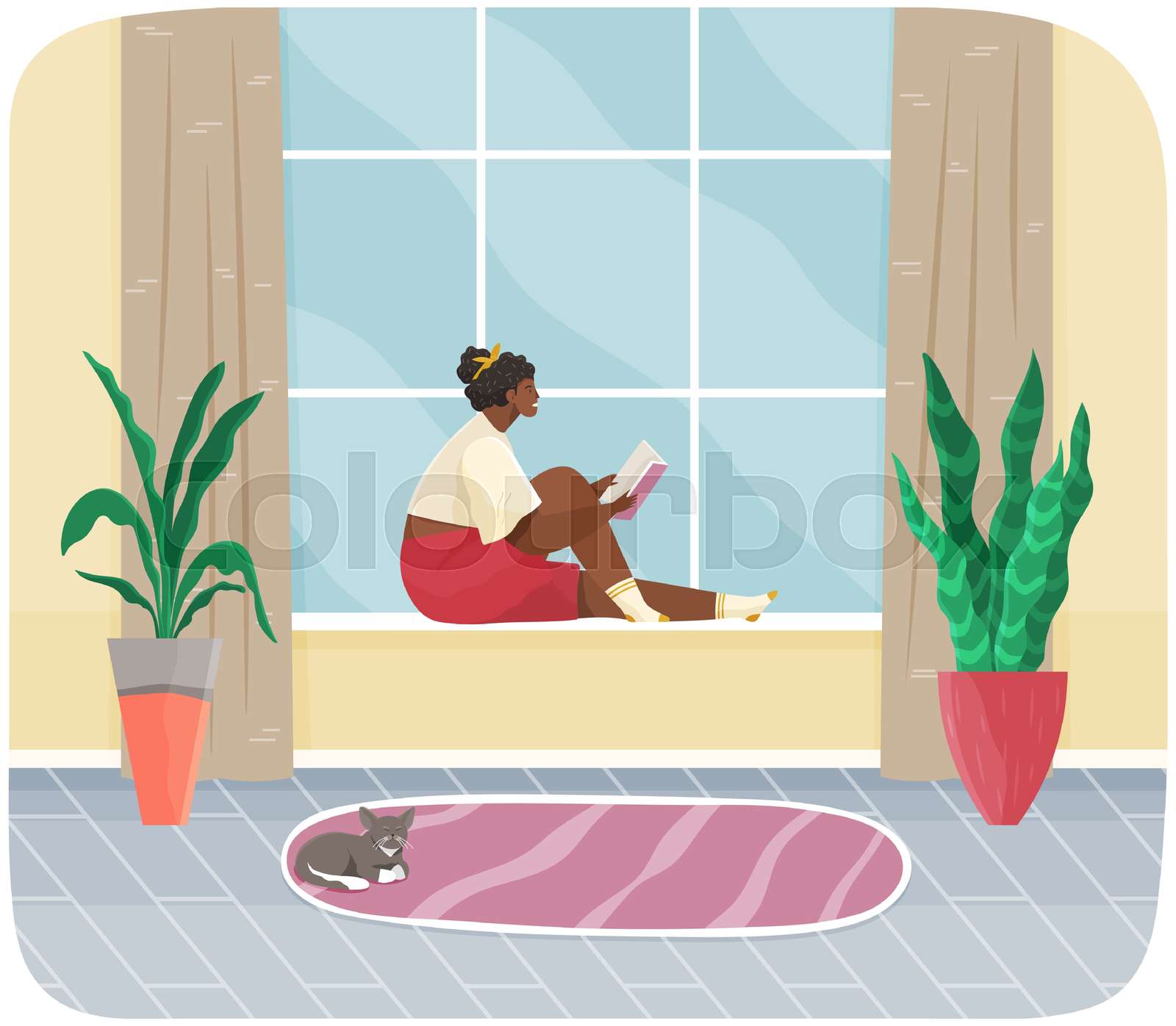Young woman sitting on windowsill at home looking out window, relaxing ...