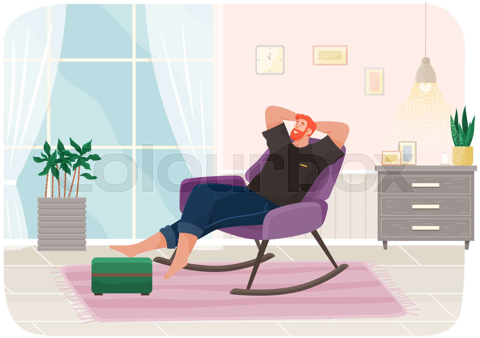 Man lying on sofa in apartment. Happy young guy relaxing, dreaming ...