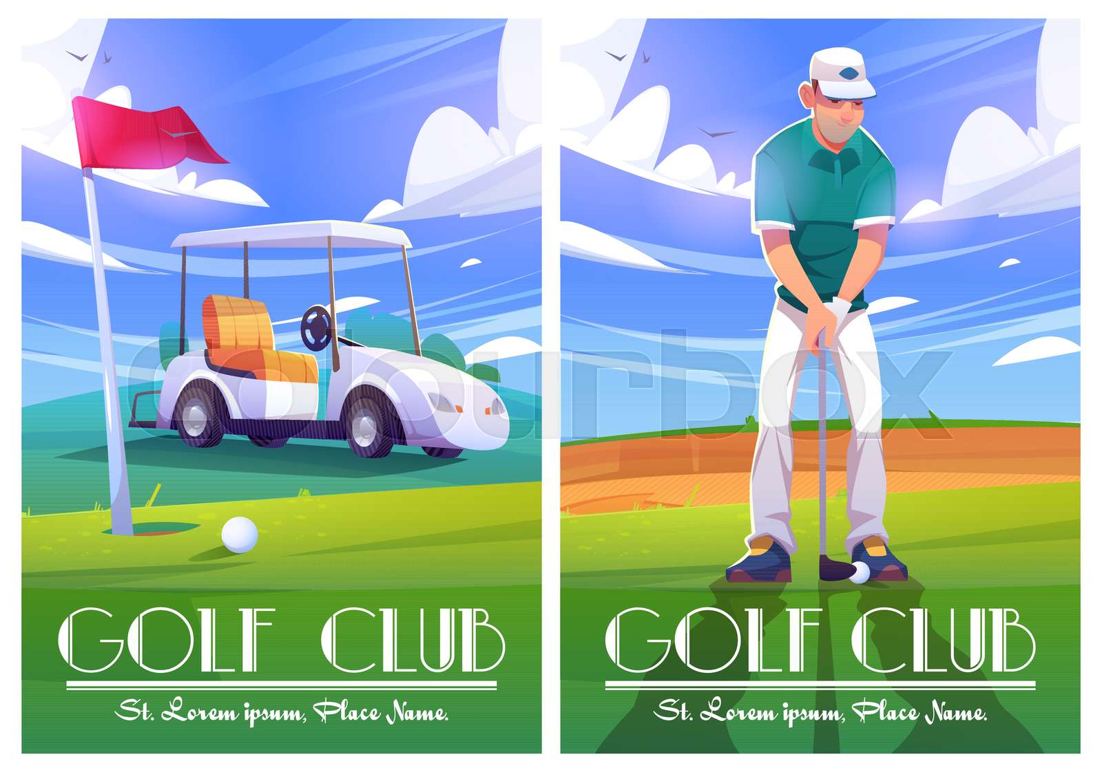 Golf club posters with green course, cart, player | Stock vector ...