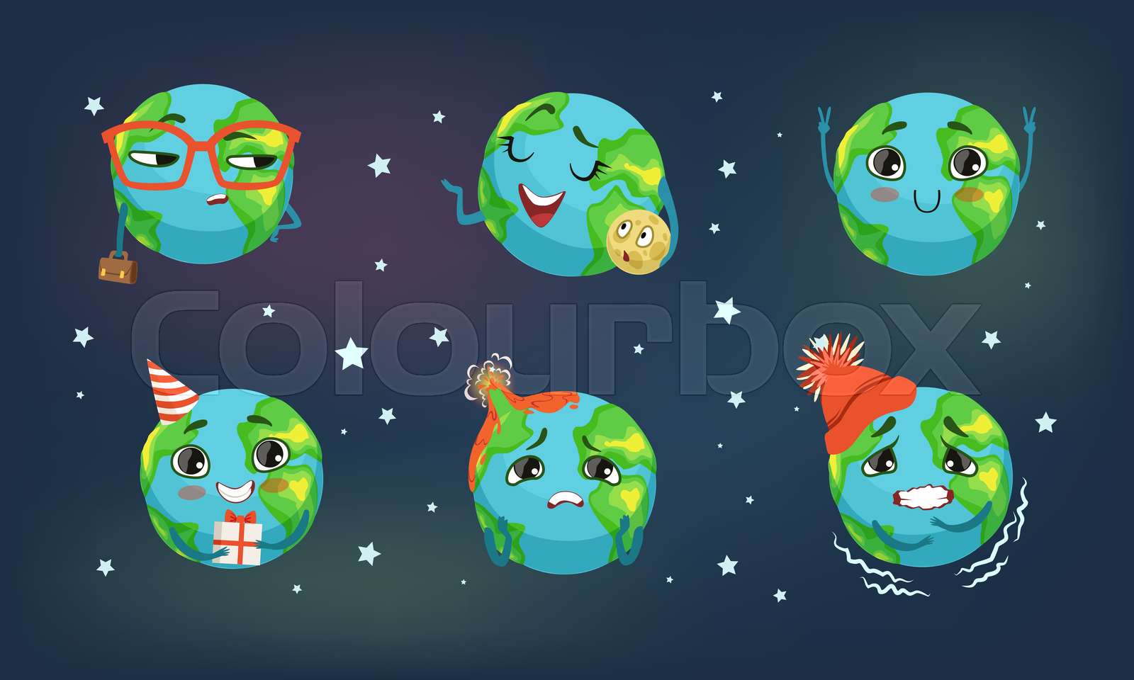 Earth Planet Characters Set, Earth Globe with Funny Faces and Different ...