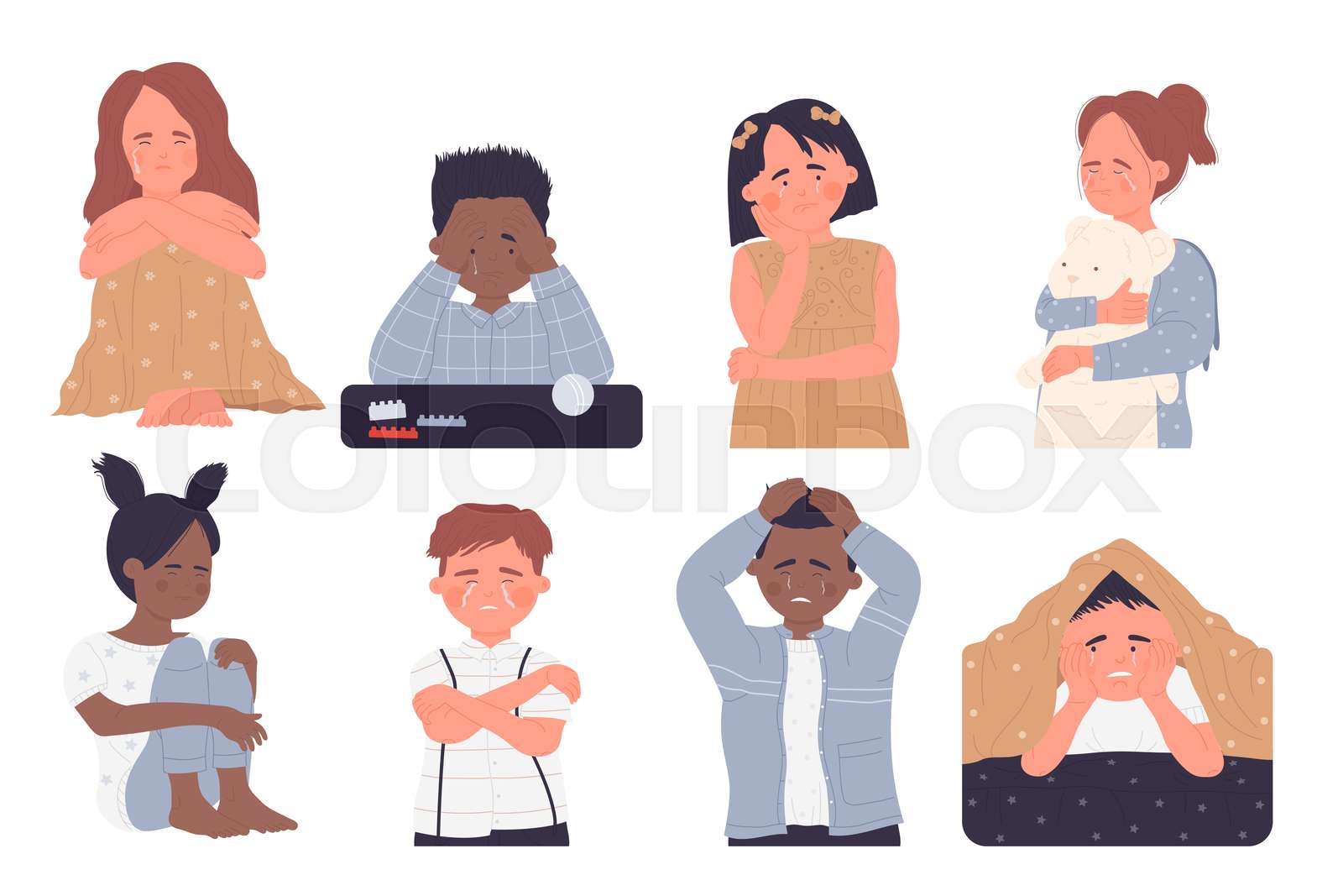 Sad kids set, depressed girls and boys cry, unhappy child sitting with ...