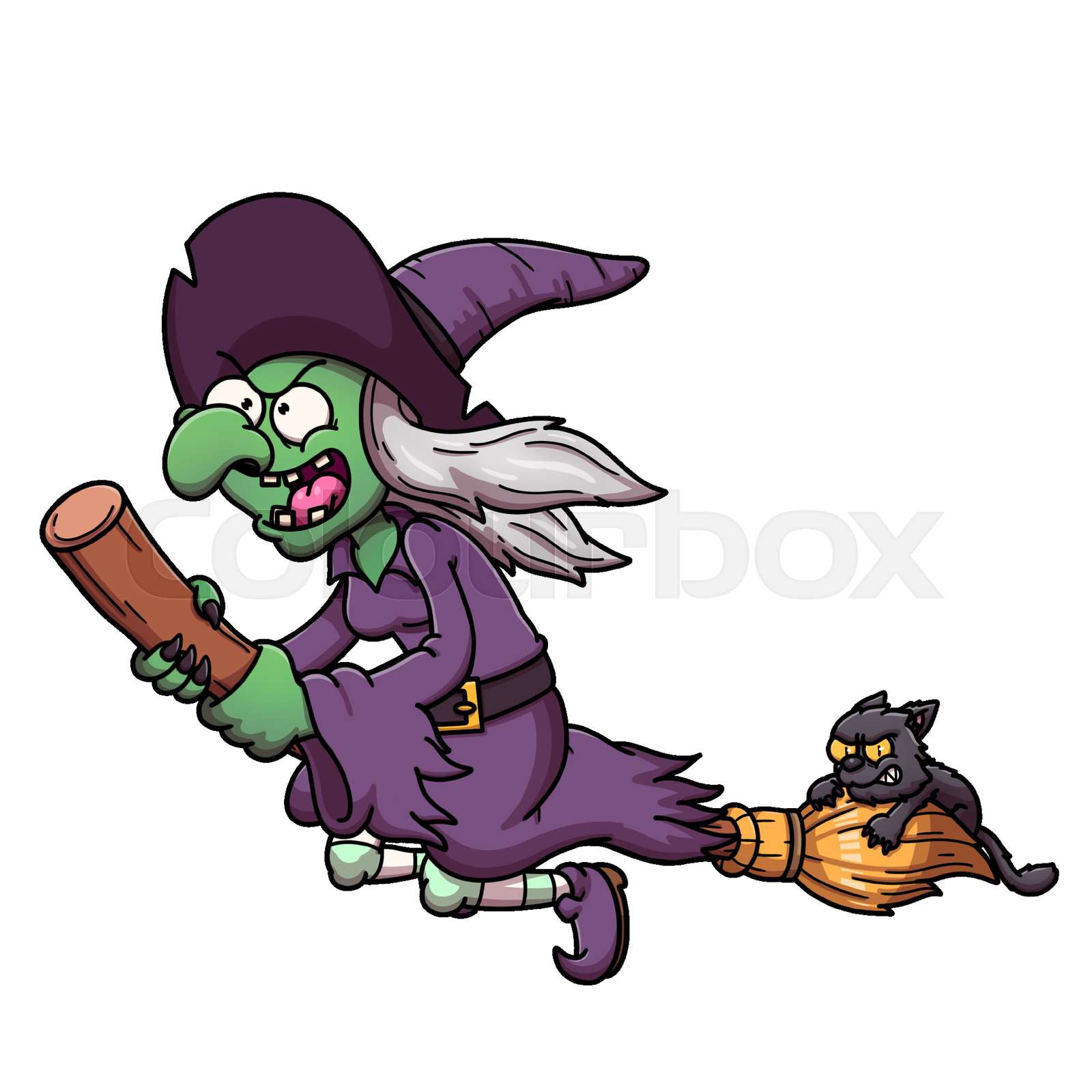 Cartoon Witch On Broom With Black Cat | Stock vector | Colourbox