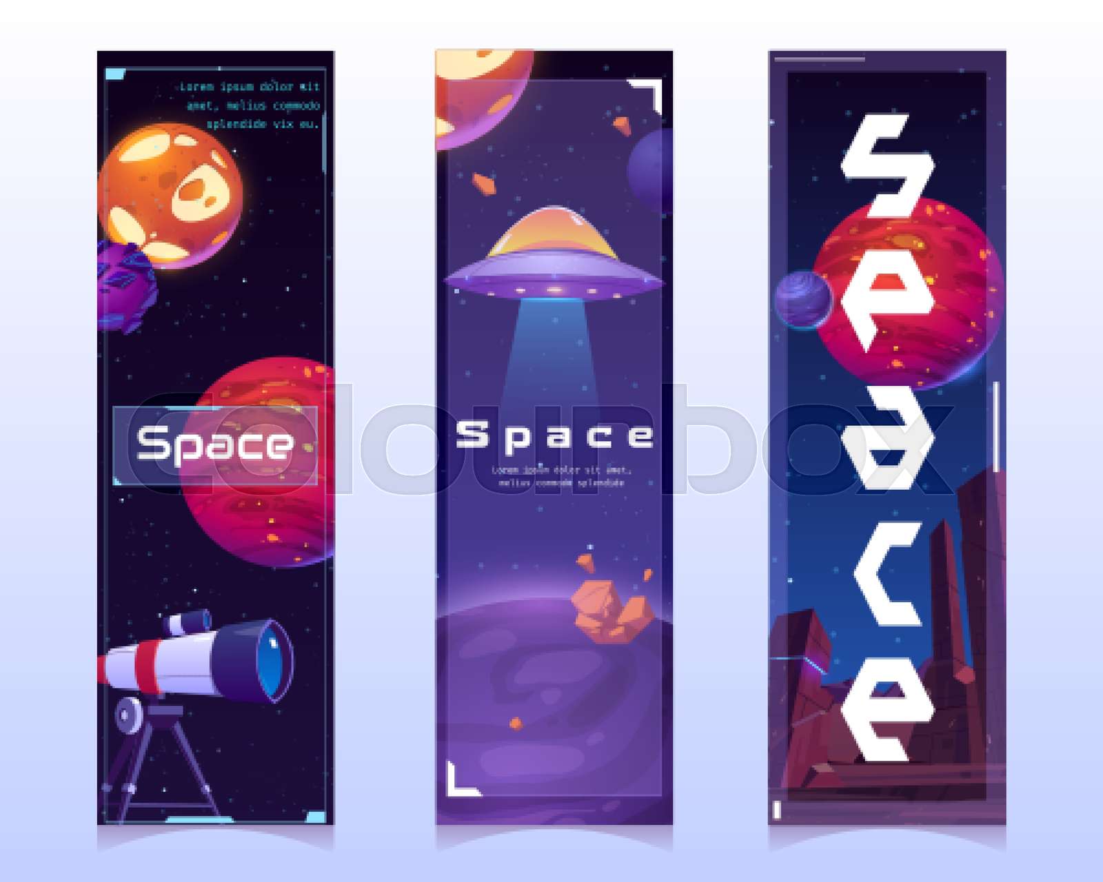 Space banners with planets, spaceship, telescope | Stock vector | Colourbox