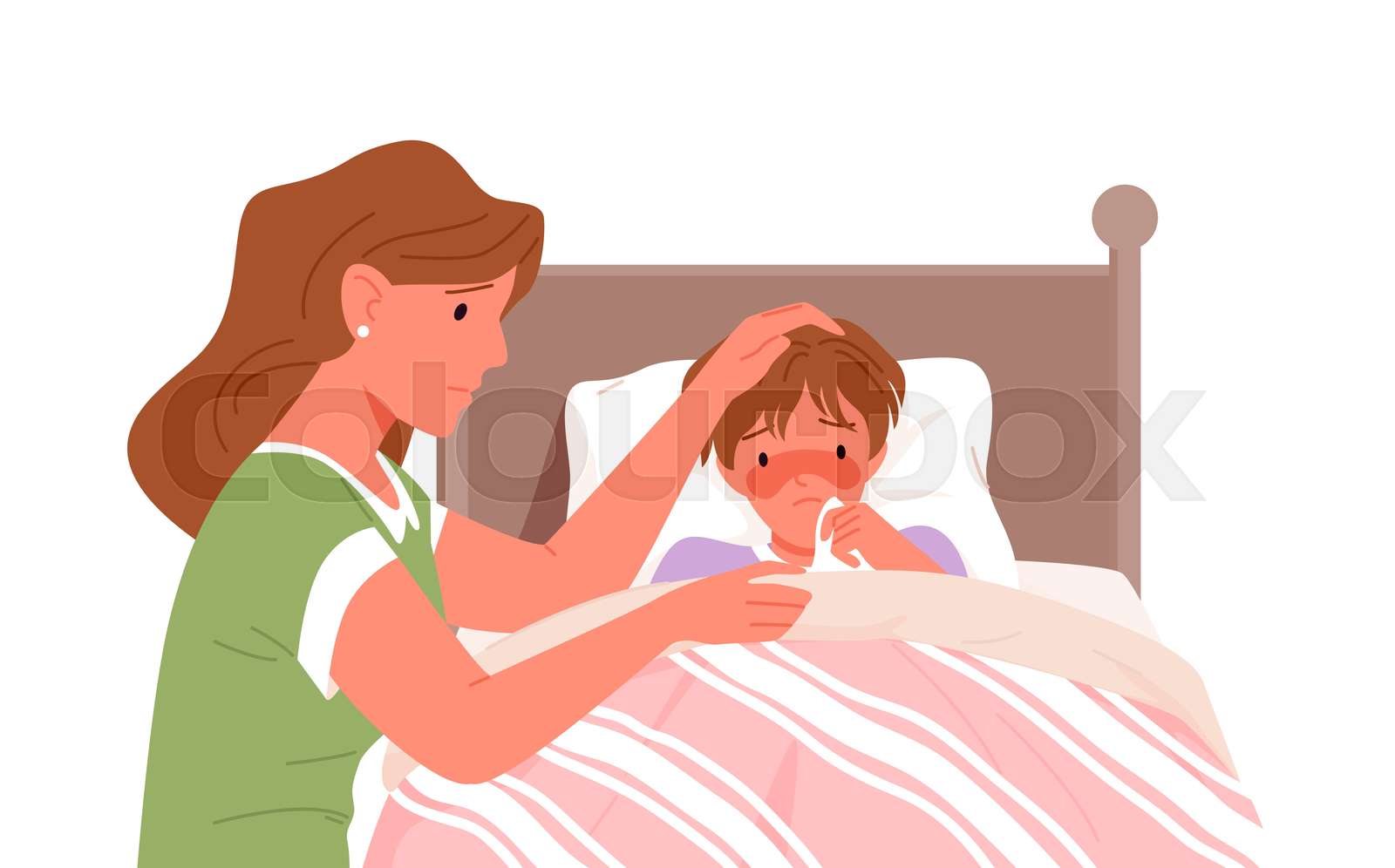 Mother and sick son with cold flu, fever ill vector illustration ...