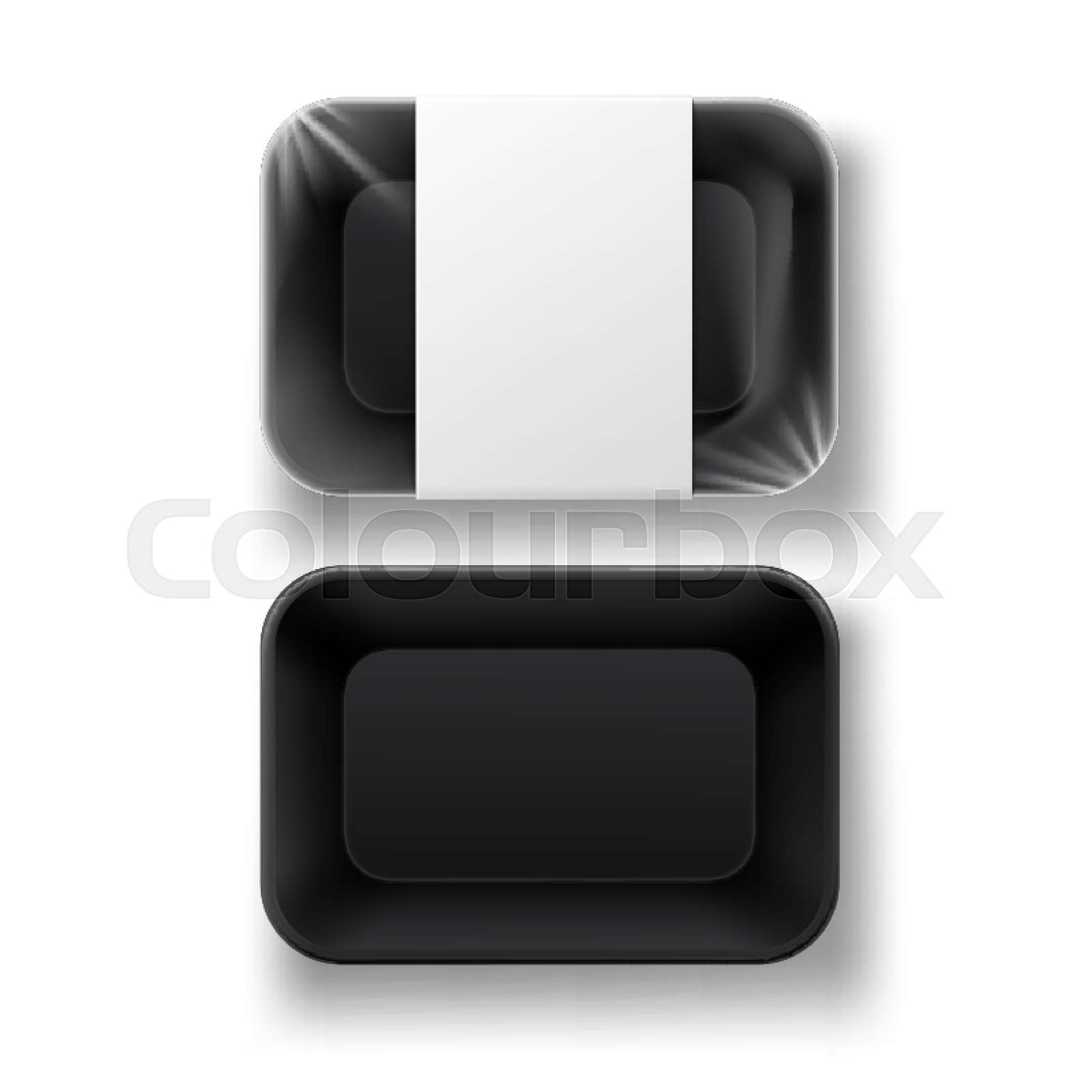 Realistic design template with black food tray on white background top ...