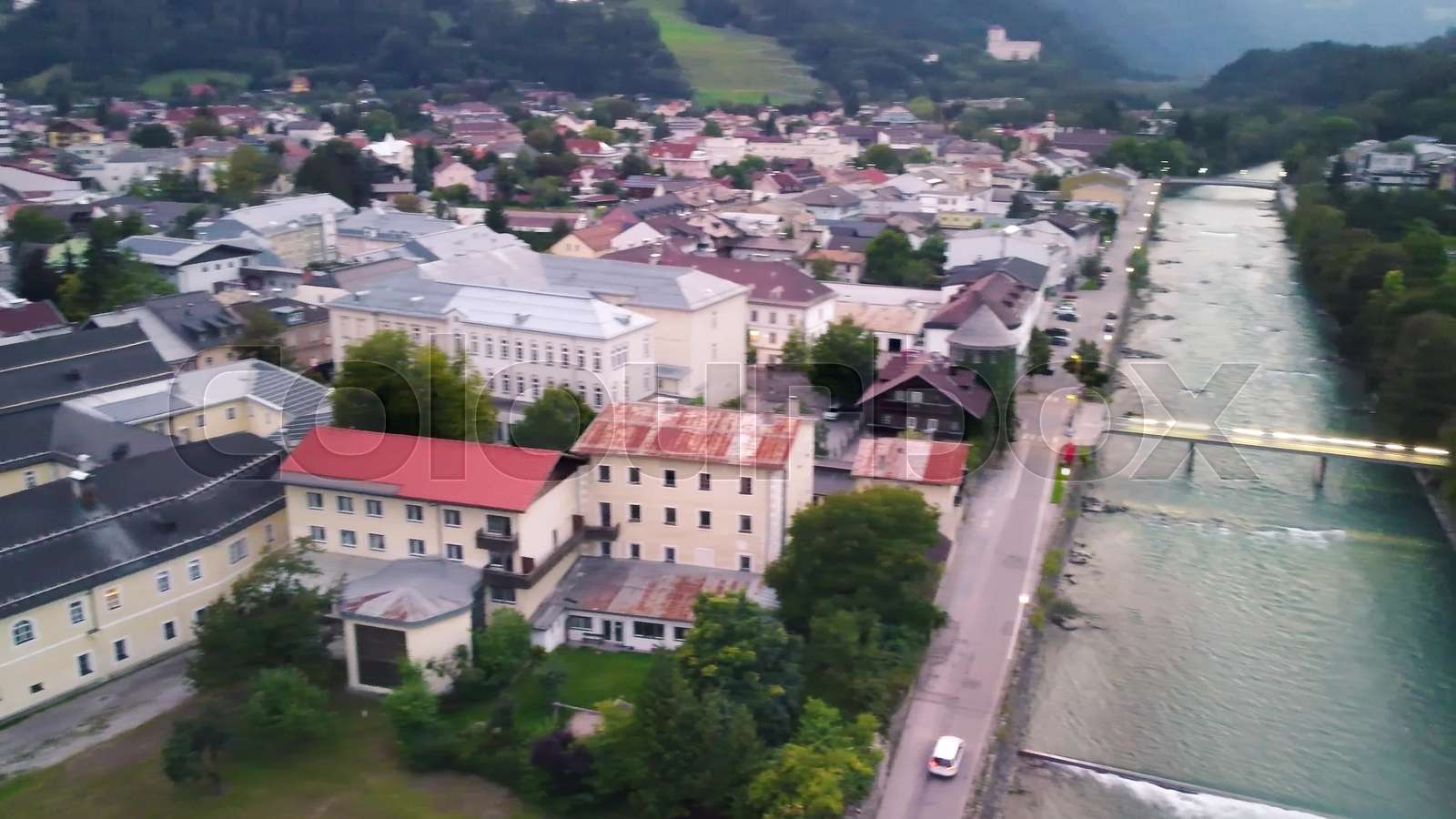 Lienz, Austria. Aerial view of city skyline from a drone at night ...
