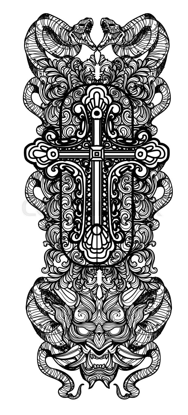 Tattoo art snake and cross hand drawing and sketch black and white ...