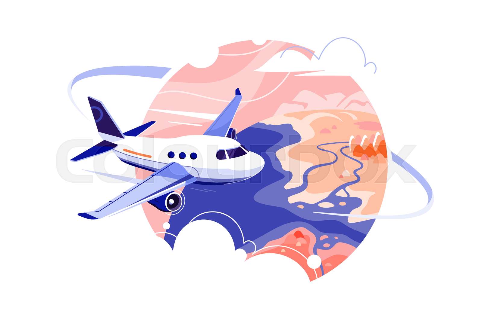 Airplane flying through clouds in sky | Stock vector | Colourbox