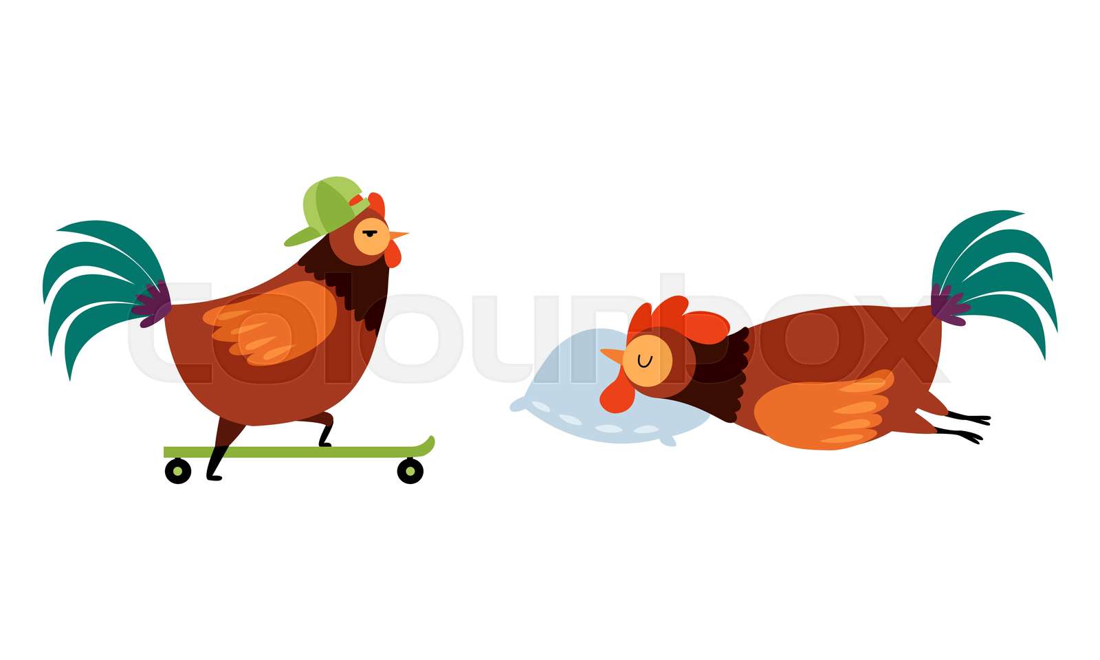 Rooster or Cock Character in Cap Skateboarding and Sleeping on Pillow ...