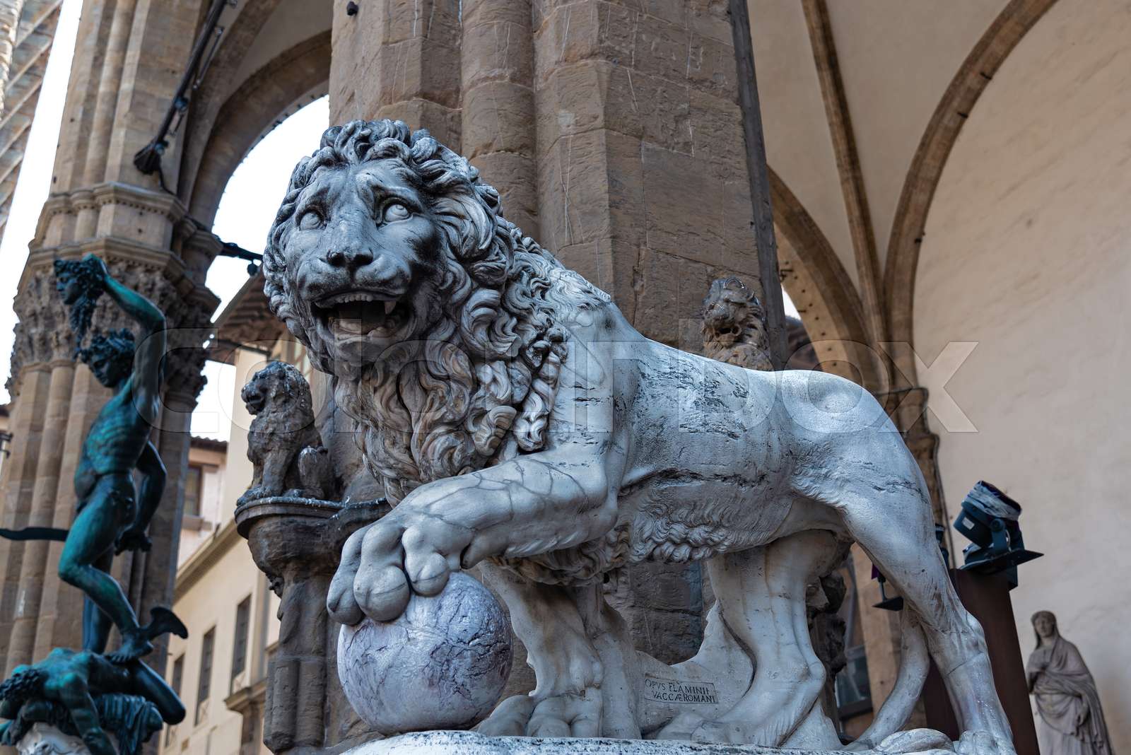 Beautiful statue of lion at famous Loggia dei Lanzi in Florence, Italy ...