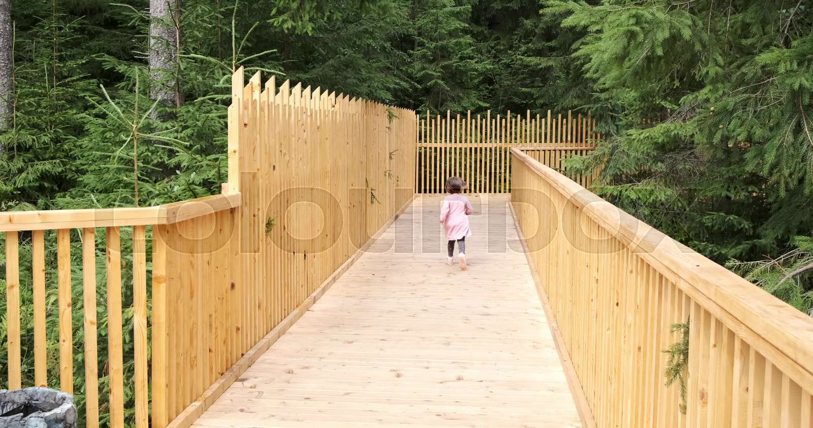 Rear view of girl running on wooden bridge | Stock video | Colourbox