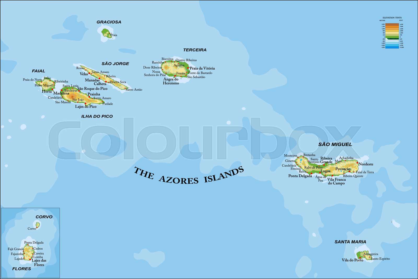 Azores islands hyghly detailed physical map | Stock vector | Colourbox