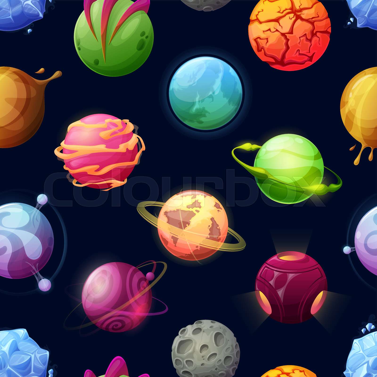 Cartoon space planets and stars seamless pattern | Stock vector | Colourbox