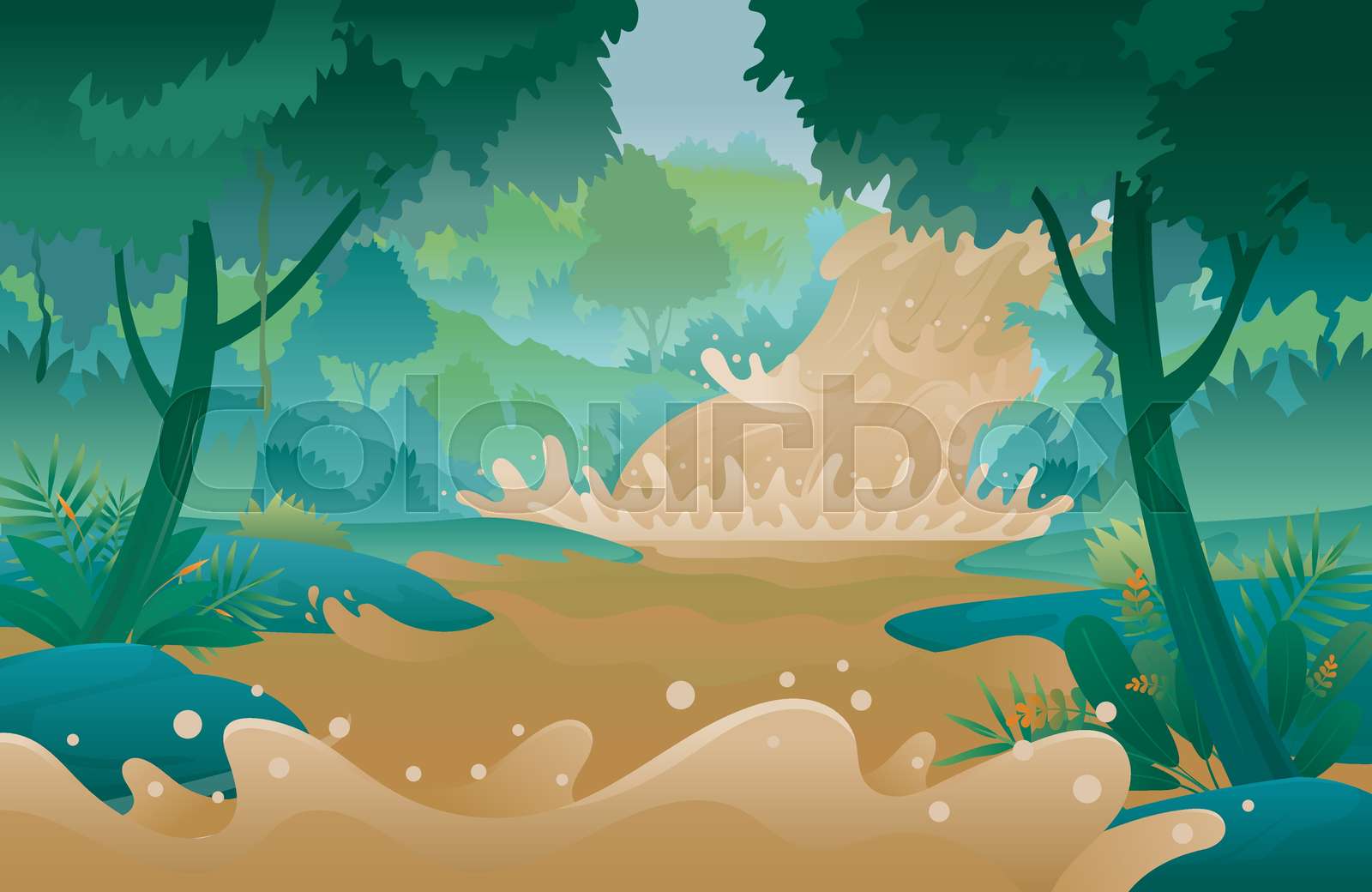 Flash Flood, Flowing Wild Water Forest Background | Stock vector ...