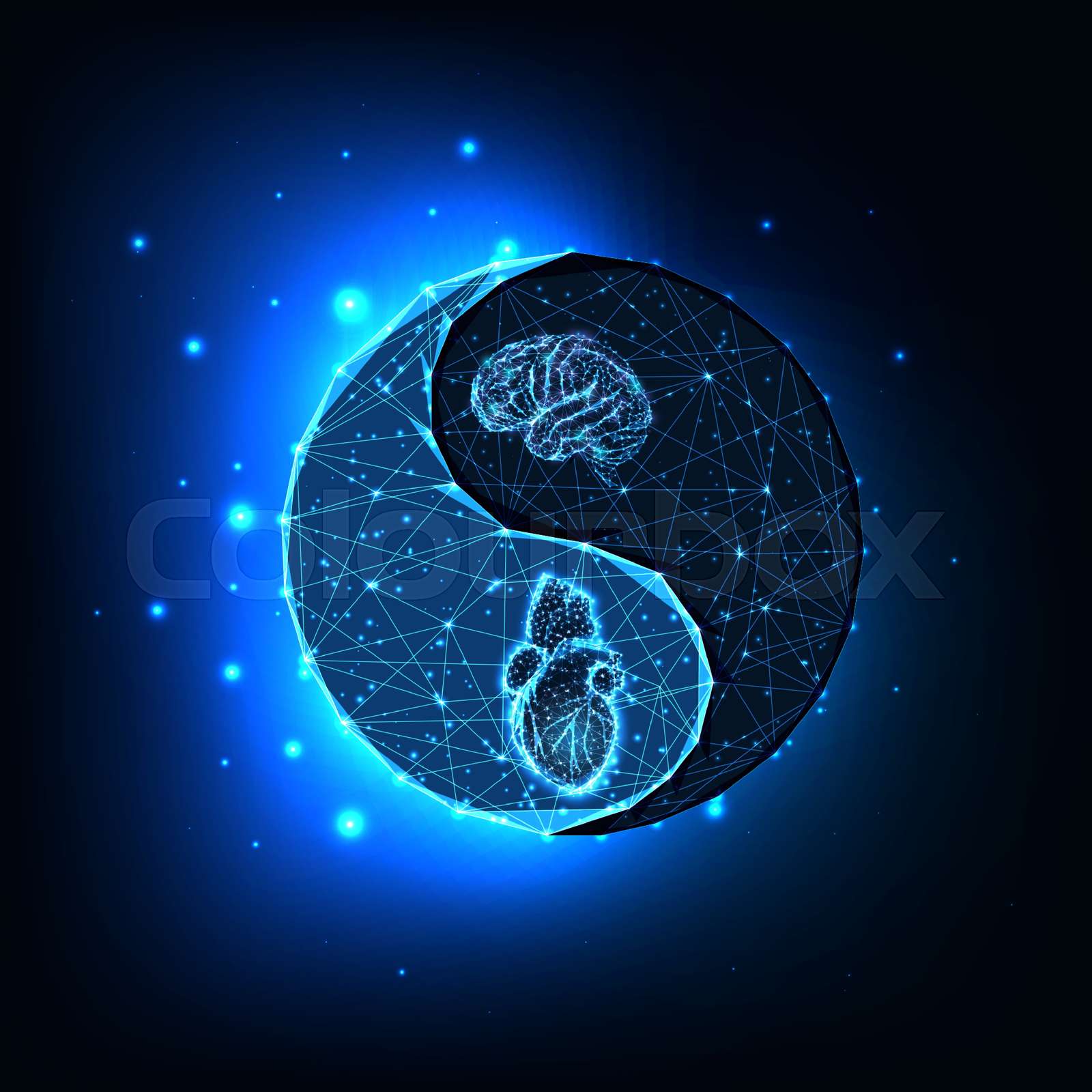 Emotional intelligence concept, heart and brain balance on yin yang symbol isolated on dark blue ...