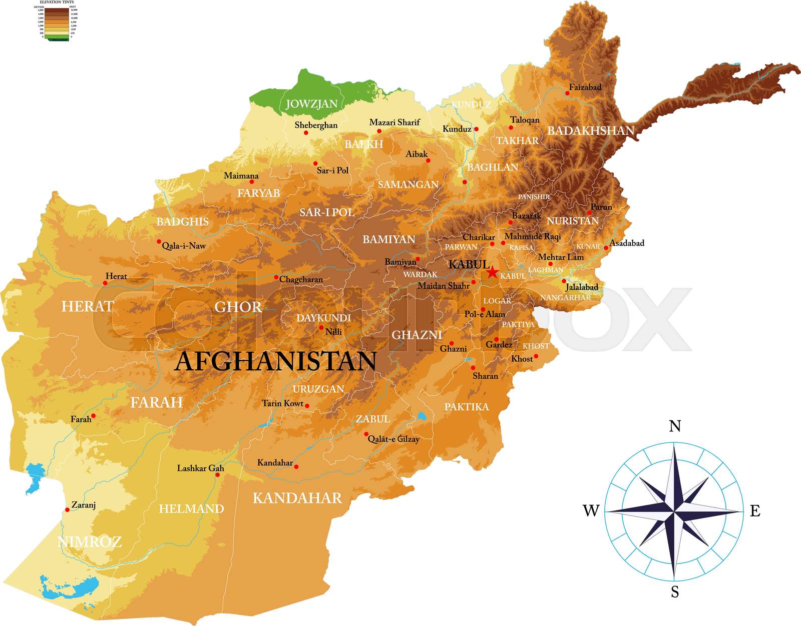 Afghanistan highly detailed physical map | Stock vector | Colourbox