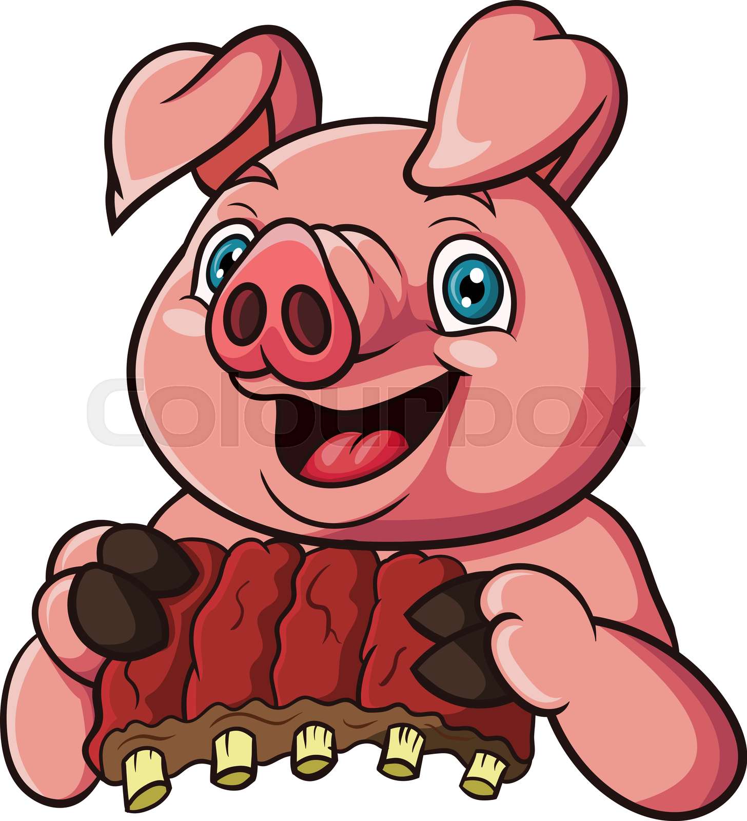 Cartoon pig holding meat ribs | Stock vector | Colourbox