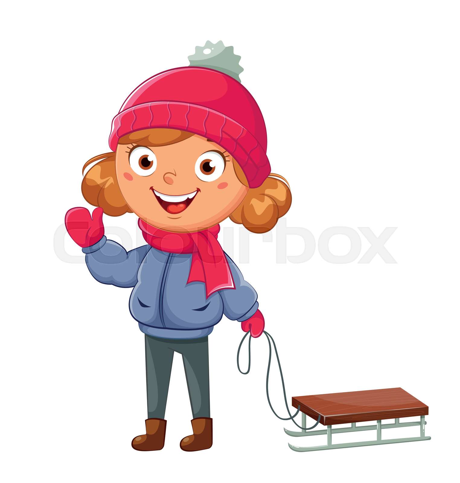 Kid with sled. Cute girl cartoon character | Stock vector | Colourbox